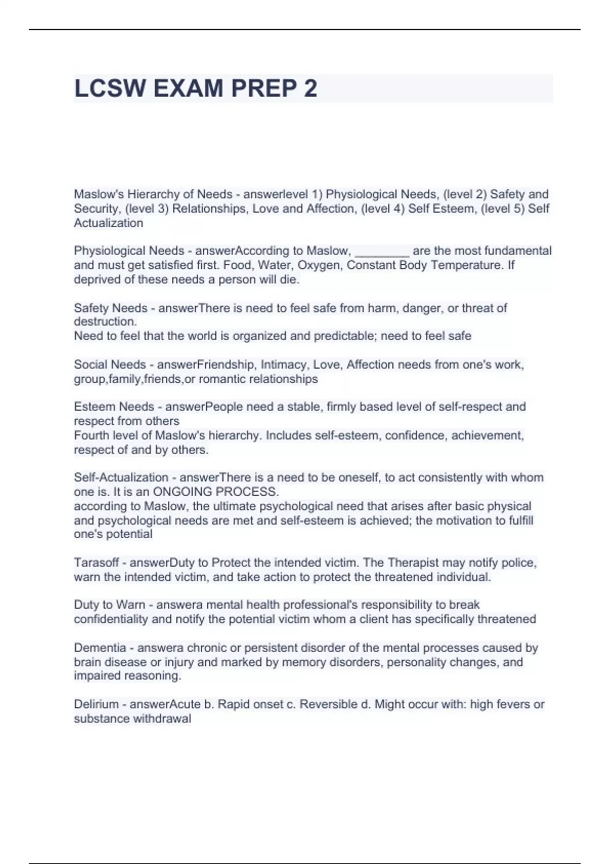 LCSW EXAM PREP 2 questions and answers Rated A+ - LCSW - Licensed ...