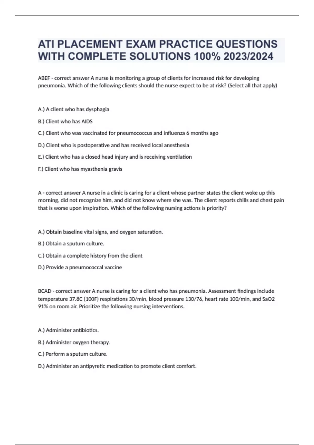 ATI PLACEMENT EXAM PRACTICE QUESTIONS WITH COMPLETE SOLUTIONS 100% 2023 ...