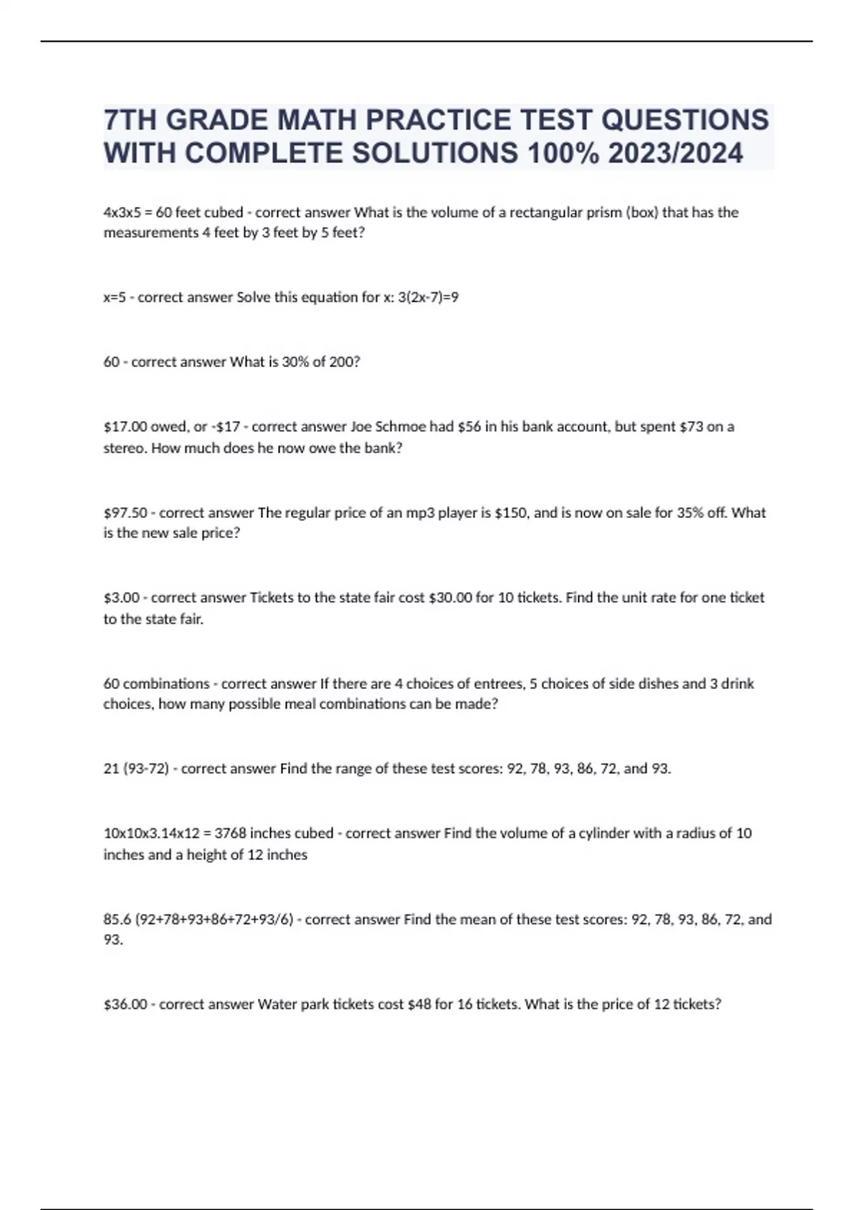 7TH GRADE MATH PRACTICE TEST QUESTIONS WITH COMPLETE SOLUTIONS 100% ...