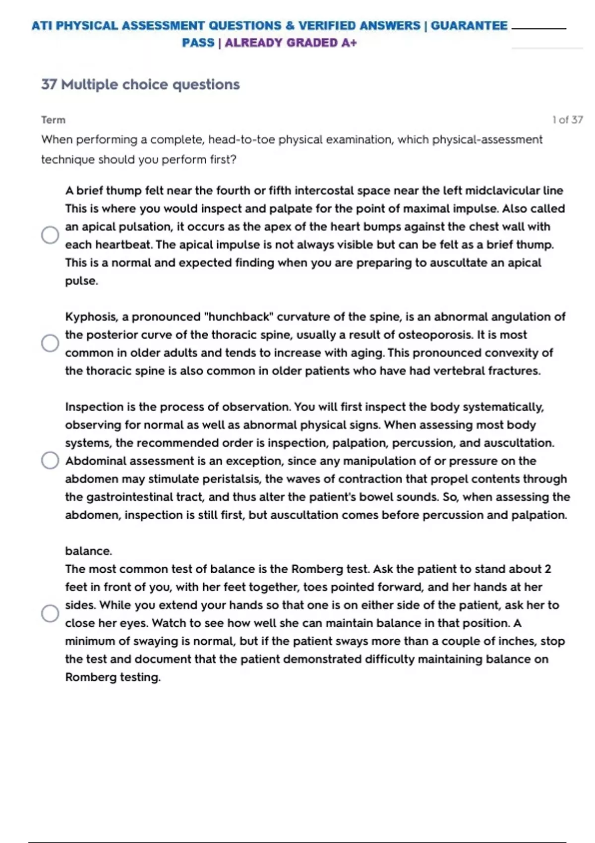 ATI PHYSICAL ASSESSMENT QUESTIONS /VERIFIED ANSWERS | GUARANTEE PASS ...