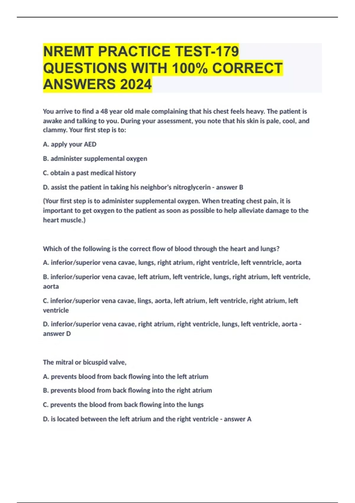 Nremt Practice Test 179 Questions With 100 Correct Answers 2024 Nremt Paramedic Stuvia Us