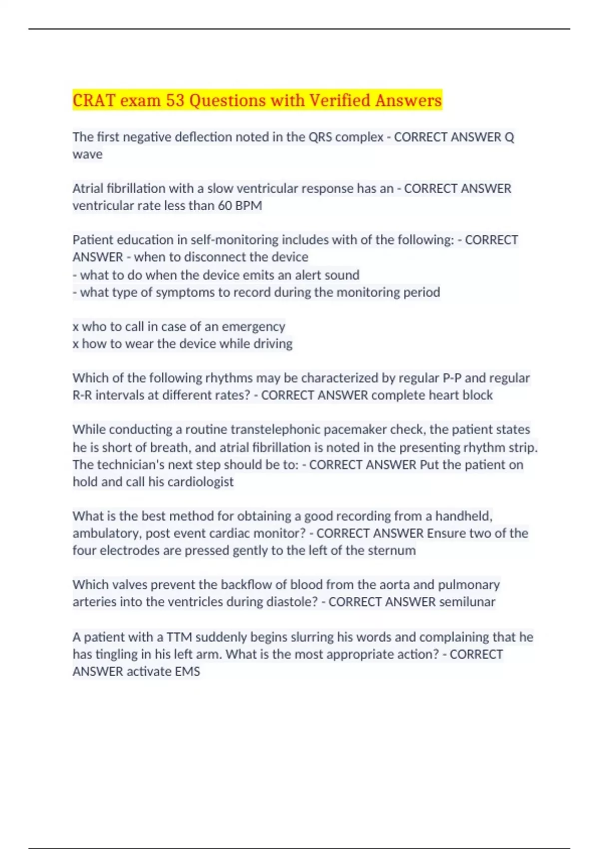 CRAT exam 53 Questions with Verified Answers,100% CORRECT - CRAT ...