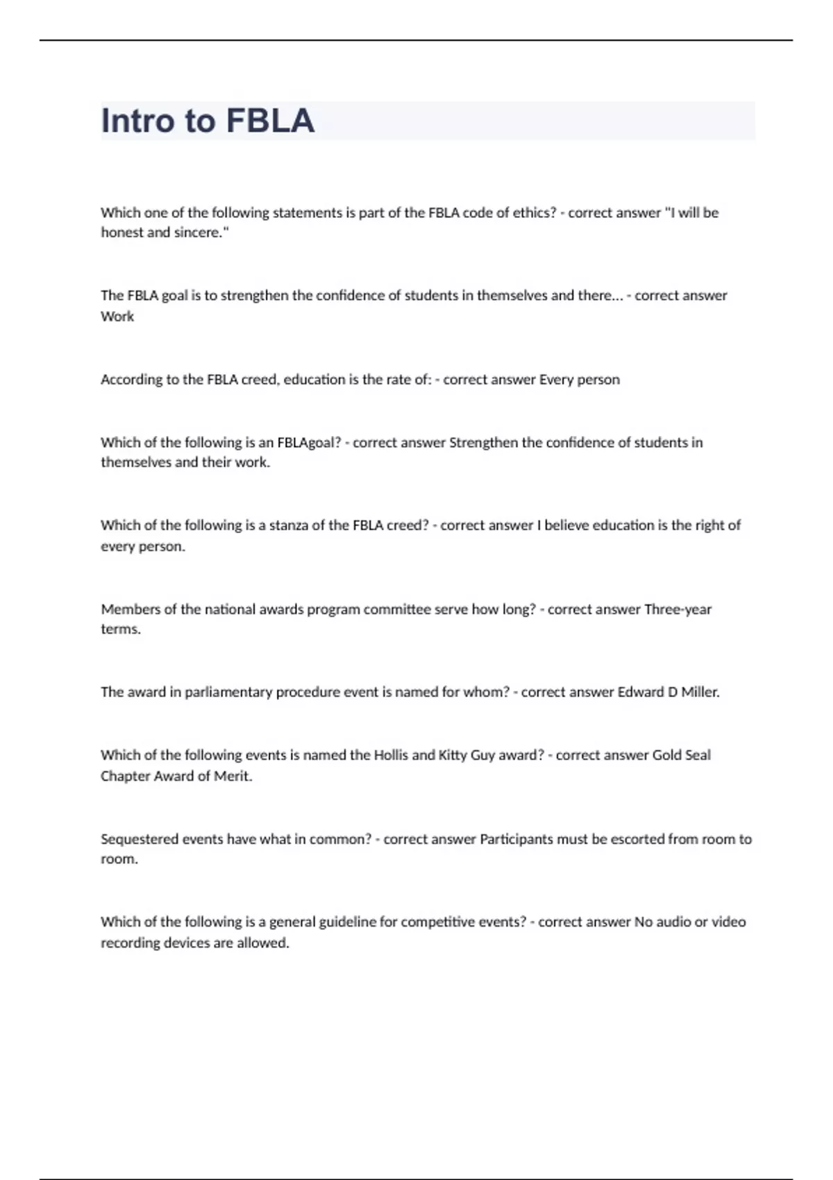 Intro to FBLA Question and answers 100% correct 2023/2024 - Stuvia US