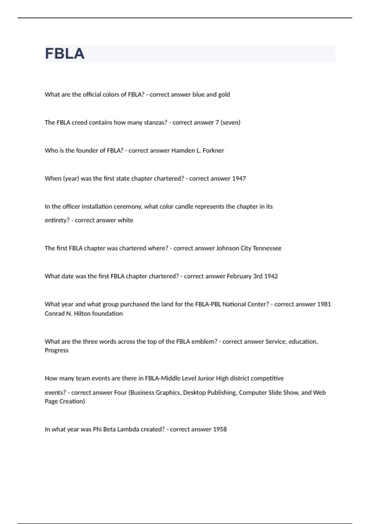 FBLA Question and answers 2023/2024 verified to pass - FBLA - Stuvia US