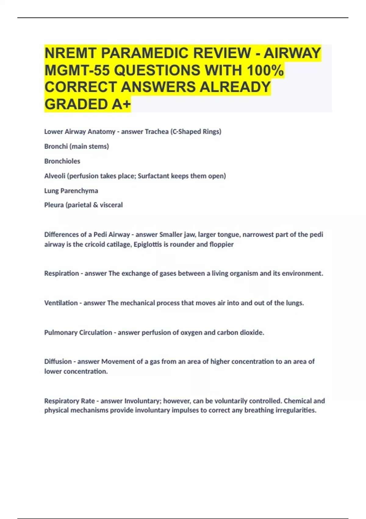 NREMT PARAMEDIC REVIEW - AIRWAY MGMT-55 QUESTIONS WITH 100% CORRECT ...