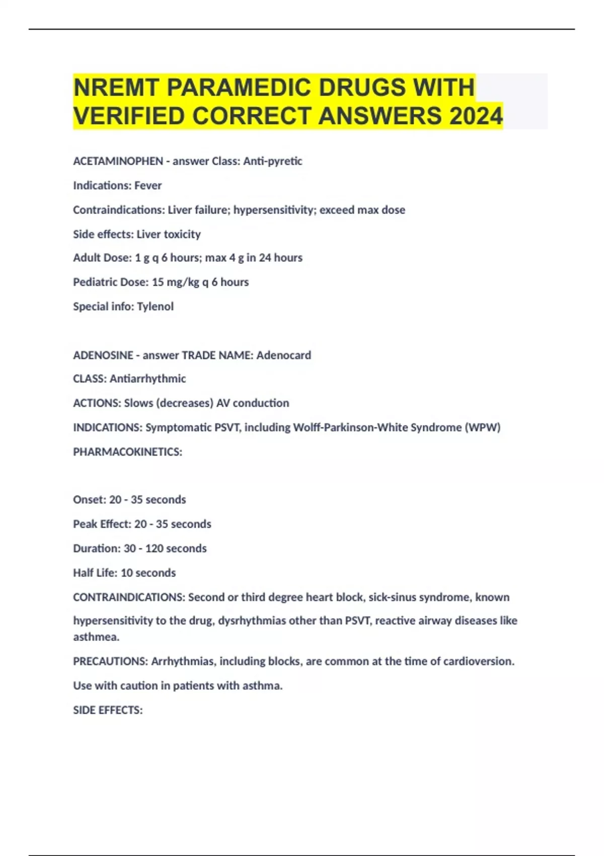 NREMT PARAMEDIC DRUGS WITH VERIFIED CORRECT ANSWERS 2024 - NREMT ...