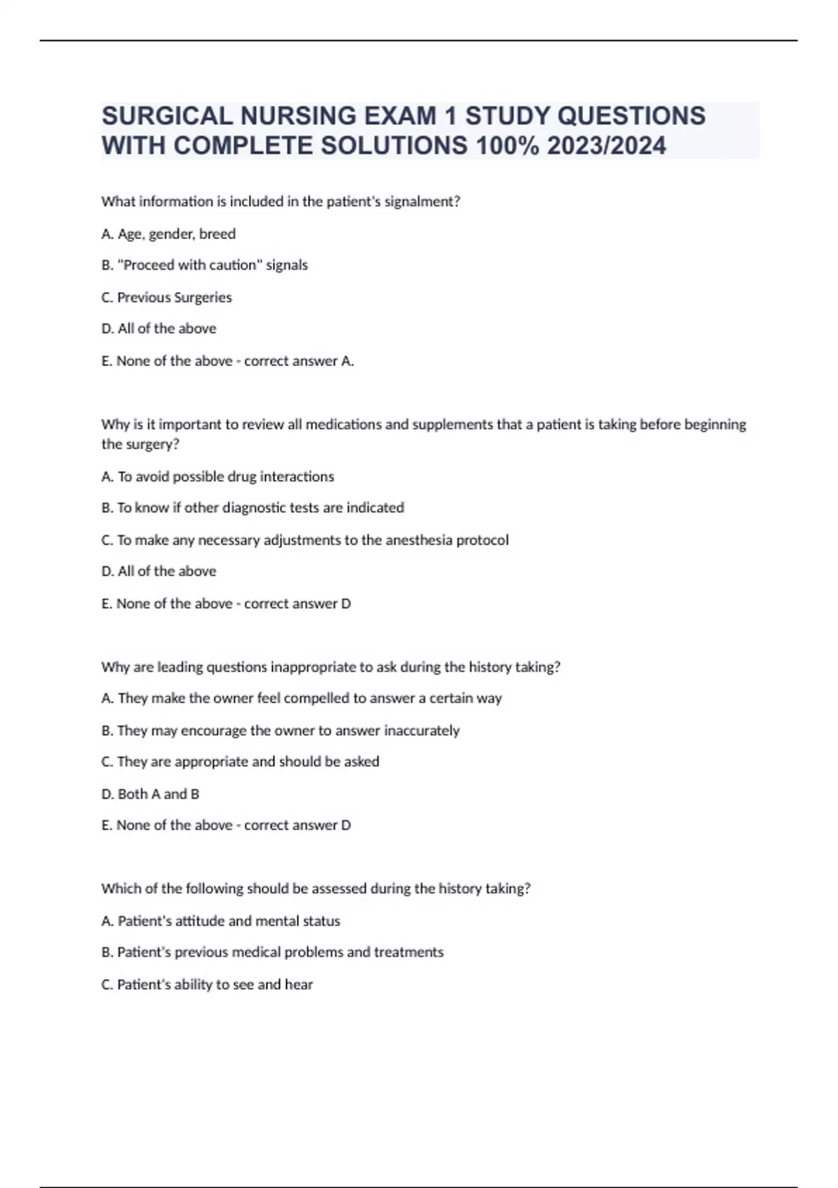 SURGICAL NURSING EXAM 1 STUDY QUESTIONS WITH COMPLETE SOLUTIONS 100% ...