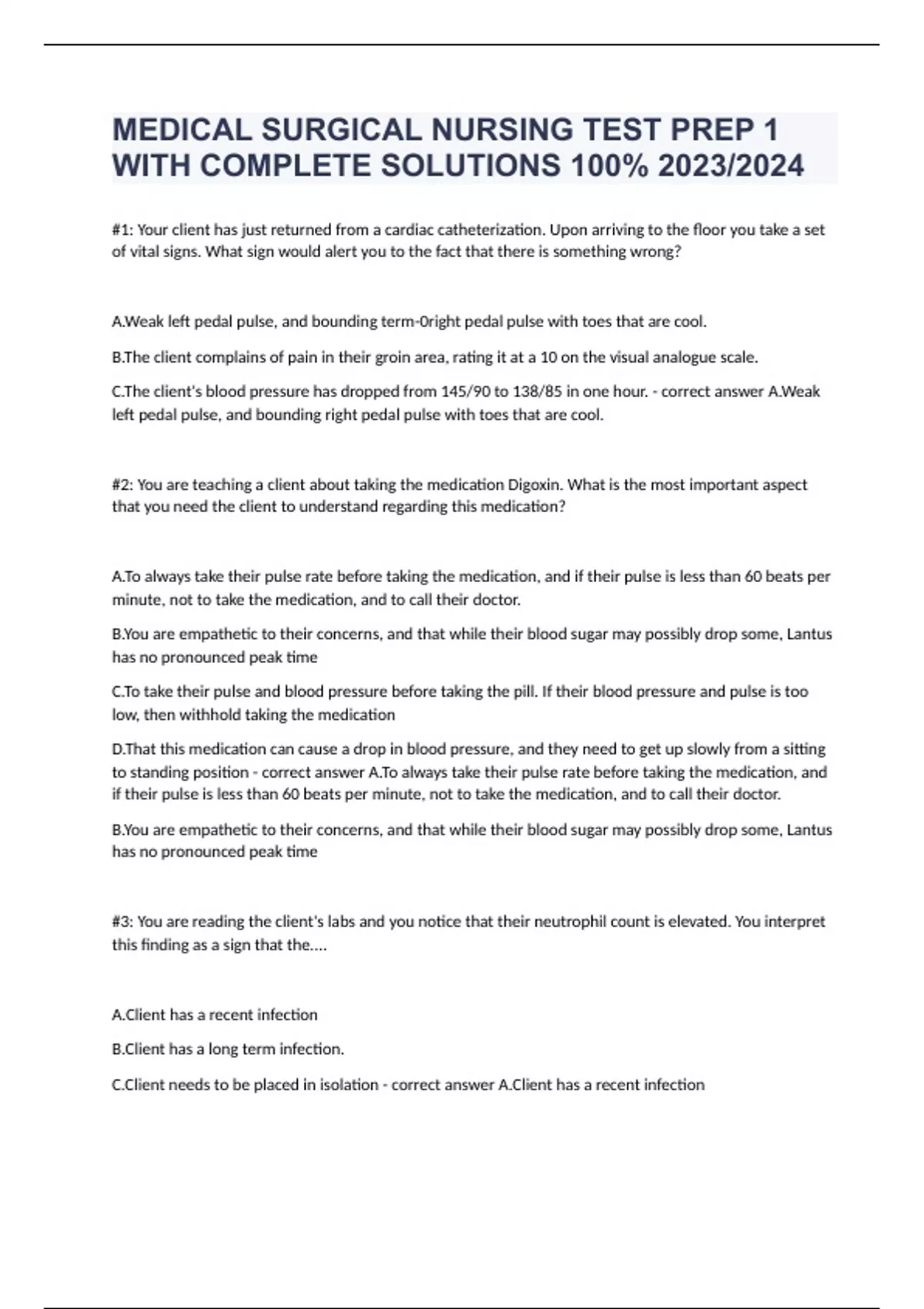 MEDICAL SURGICAL NURSING TEST PREP 1 WITH COMPLETE SOLUTIONS 100% 2023/ ...