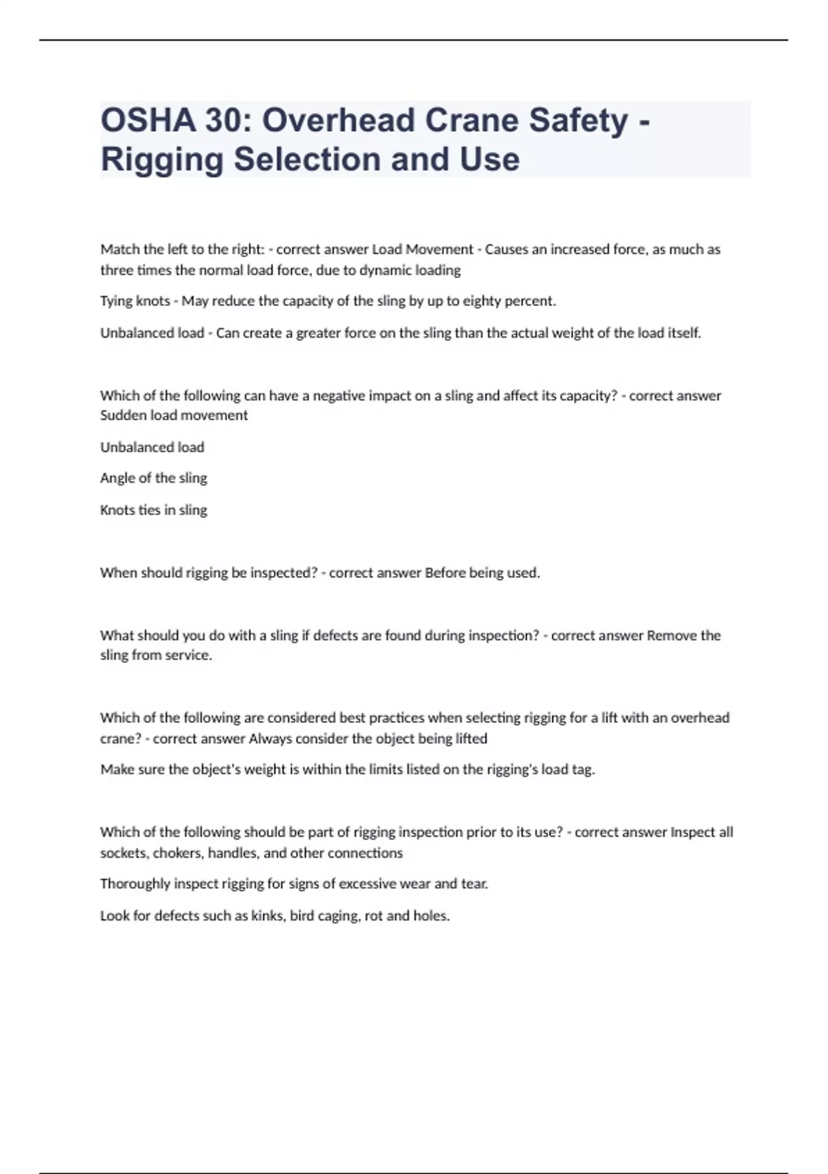 OSHA 30 Overhead Crane Safety - Rigging Selection and Use Question and ...