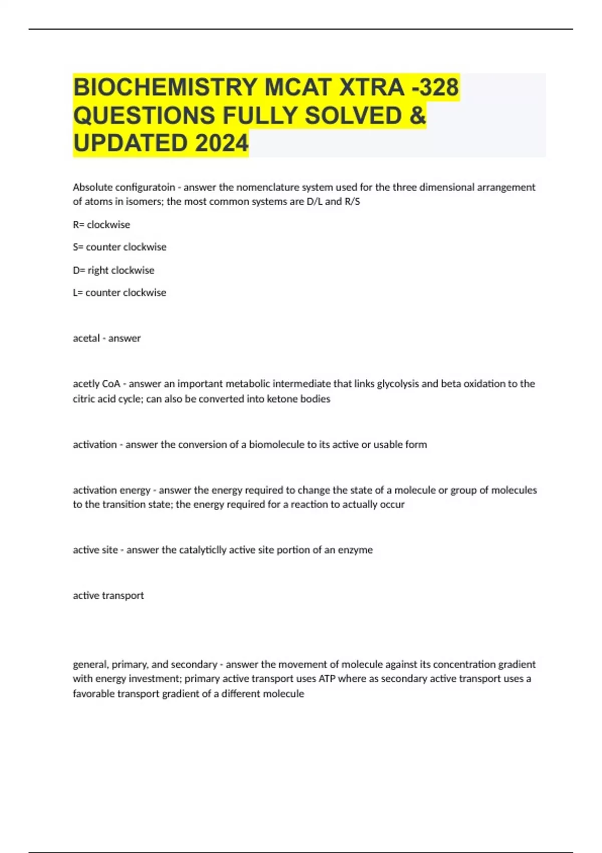 Biochemistry Mcat Xtra 328 Questions Fully Solved And Updated 2024 Mcat Stuvia Us