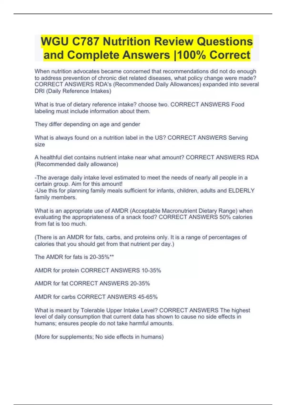 WGU C787 Nutrition Review Questions and Complete Answers |100% Correct - C787 OA - Stuvia US
