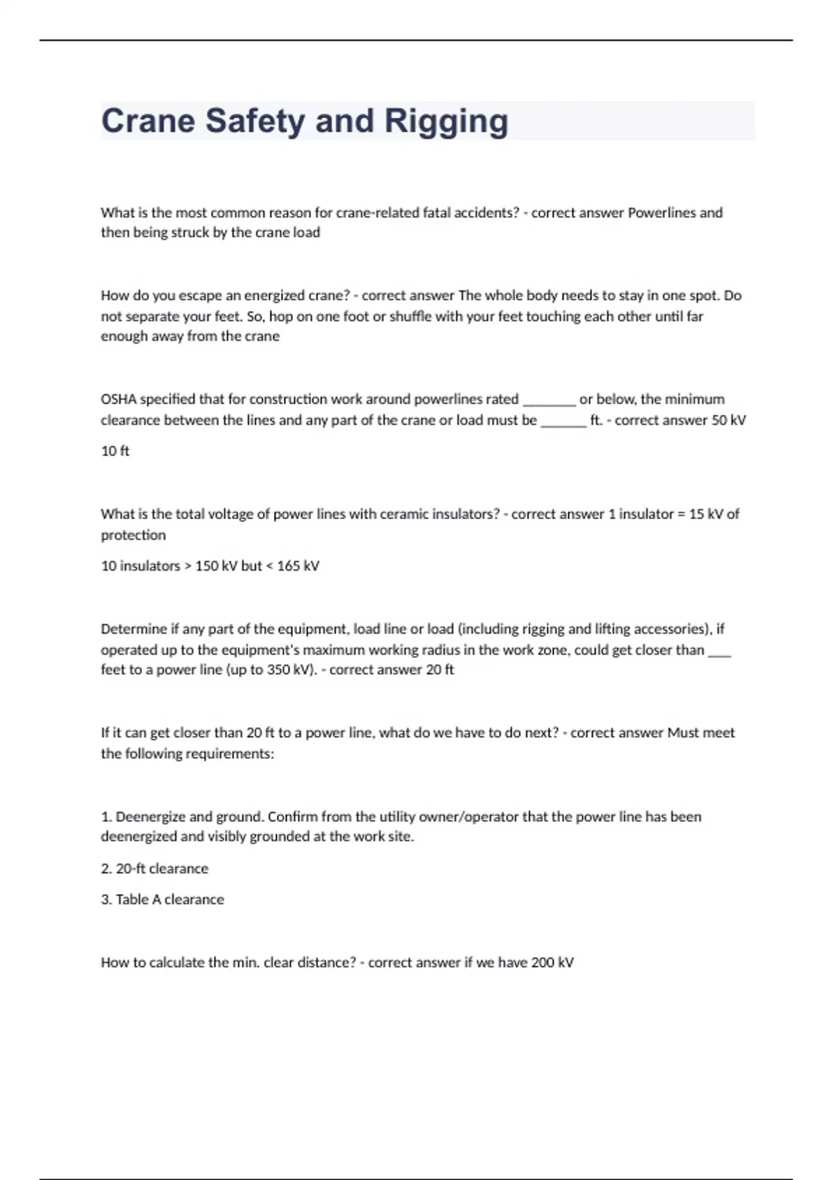 Crane Safety and Rigging Question and answers rated A+ 2023/2024 ...