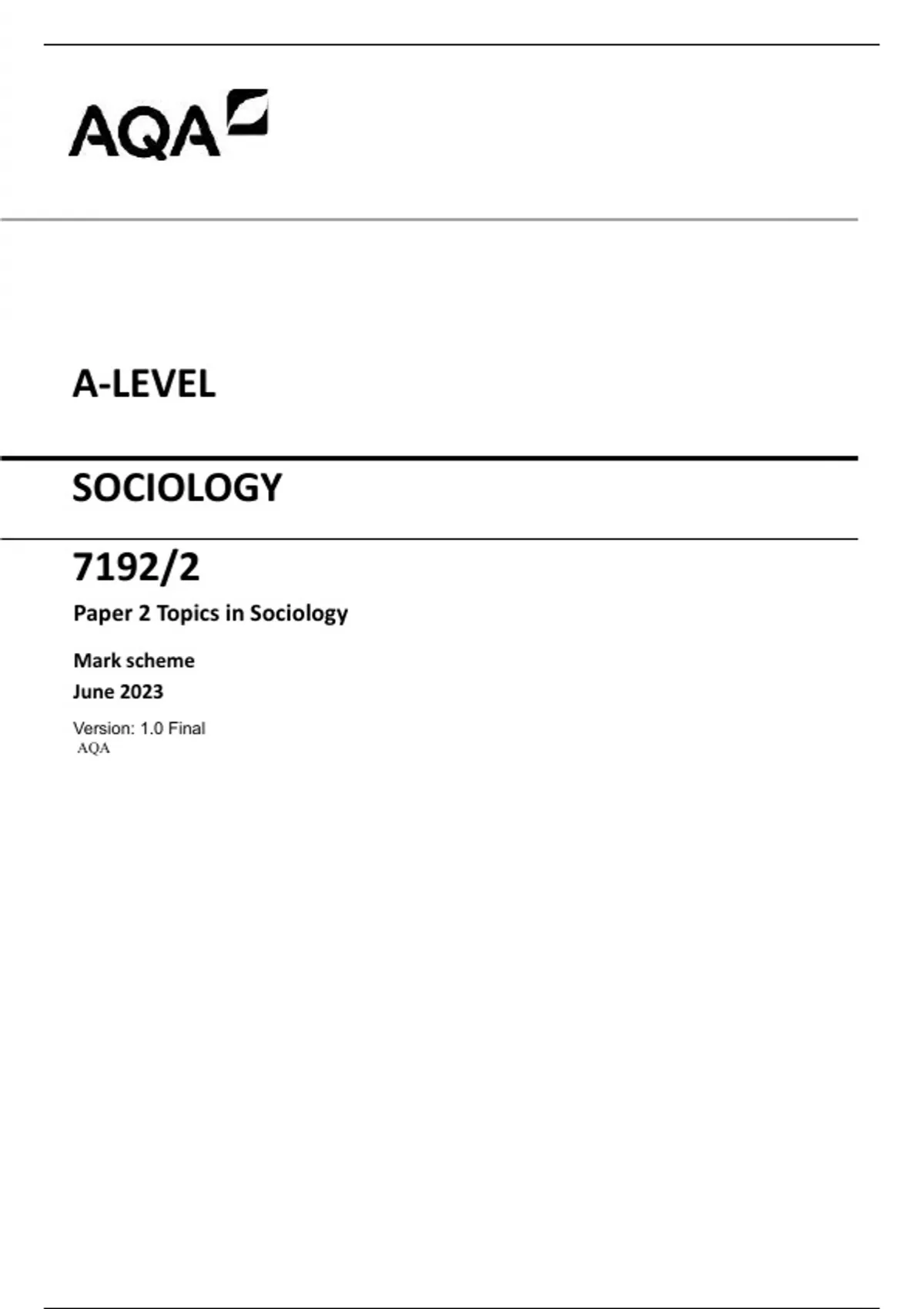AQA A-LEVEL SOCIOLOGY 7192/2 Paper 2 Topics in Sociology Mark scheme ...