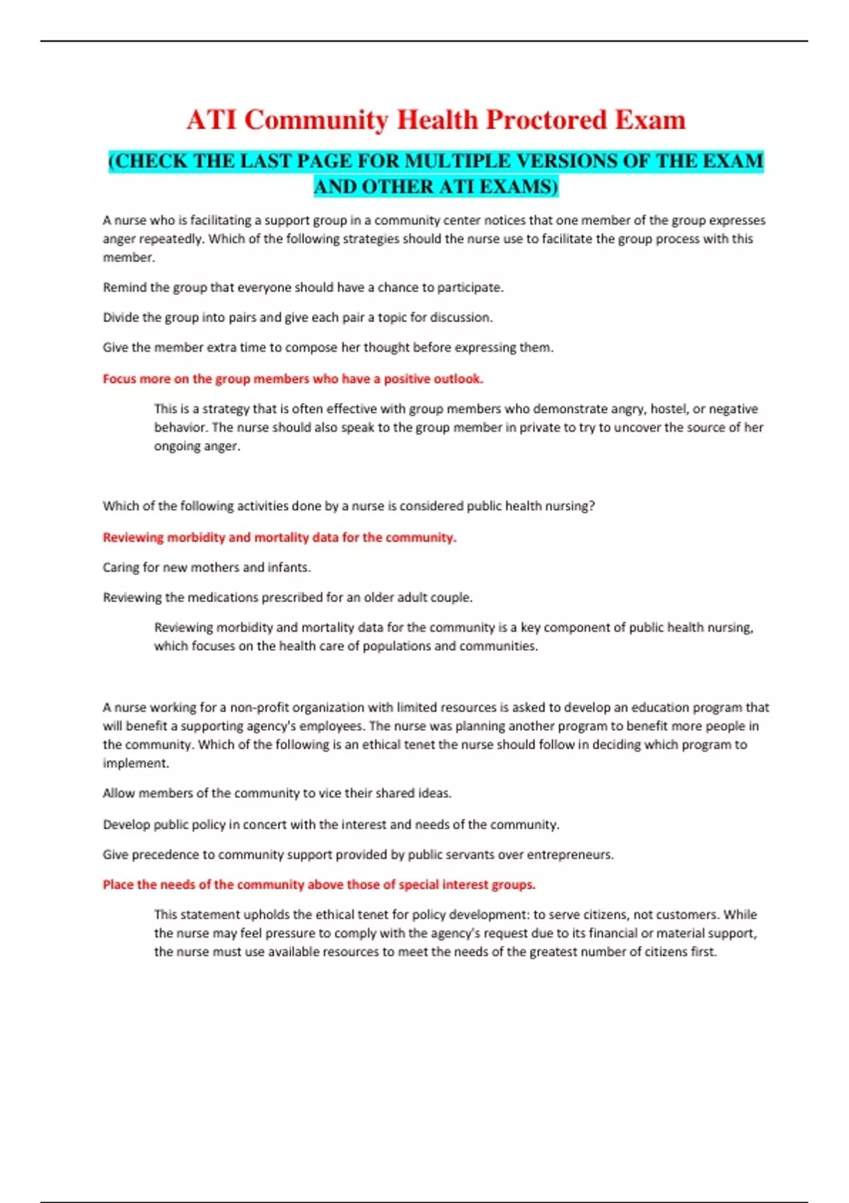 ATI Community Health Proctored Exam (CHECK THE LAST PAGE FOR MULTIPLE ...