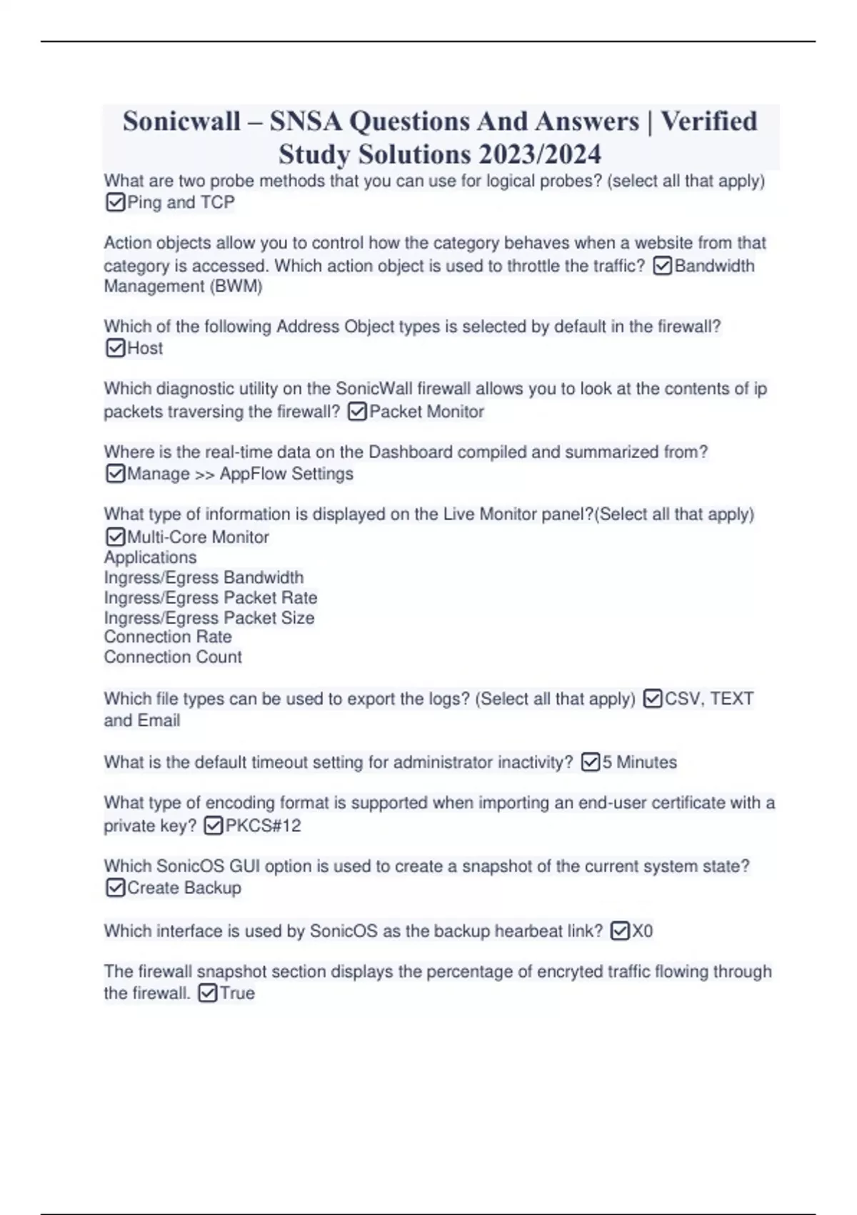 Sonicwall – SNSA Questions And Answers | Verified Study Solutions 2023/ ...