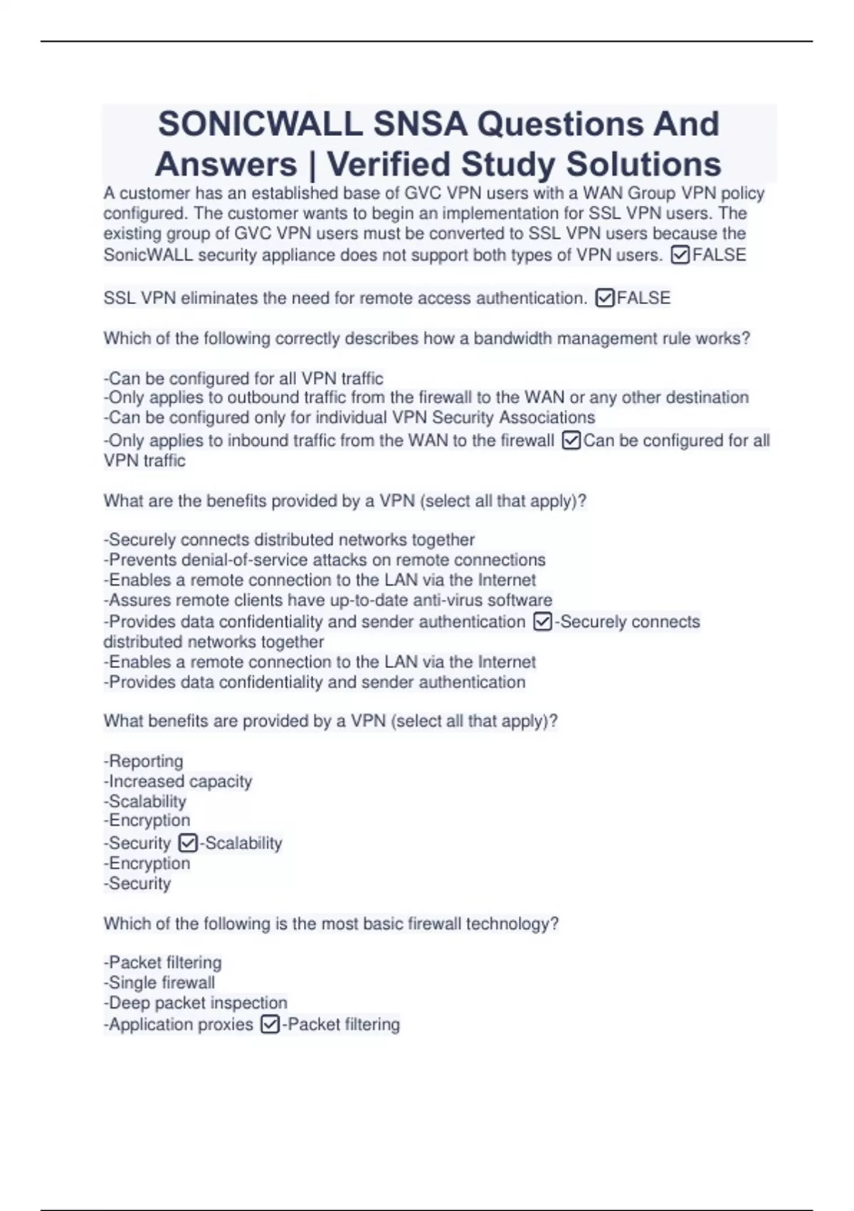 SONICWALL SNSA Questions And Answers | Verified Study Solutions - SONICWALL SNSA - Stuvia US