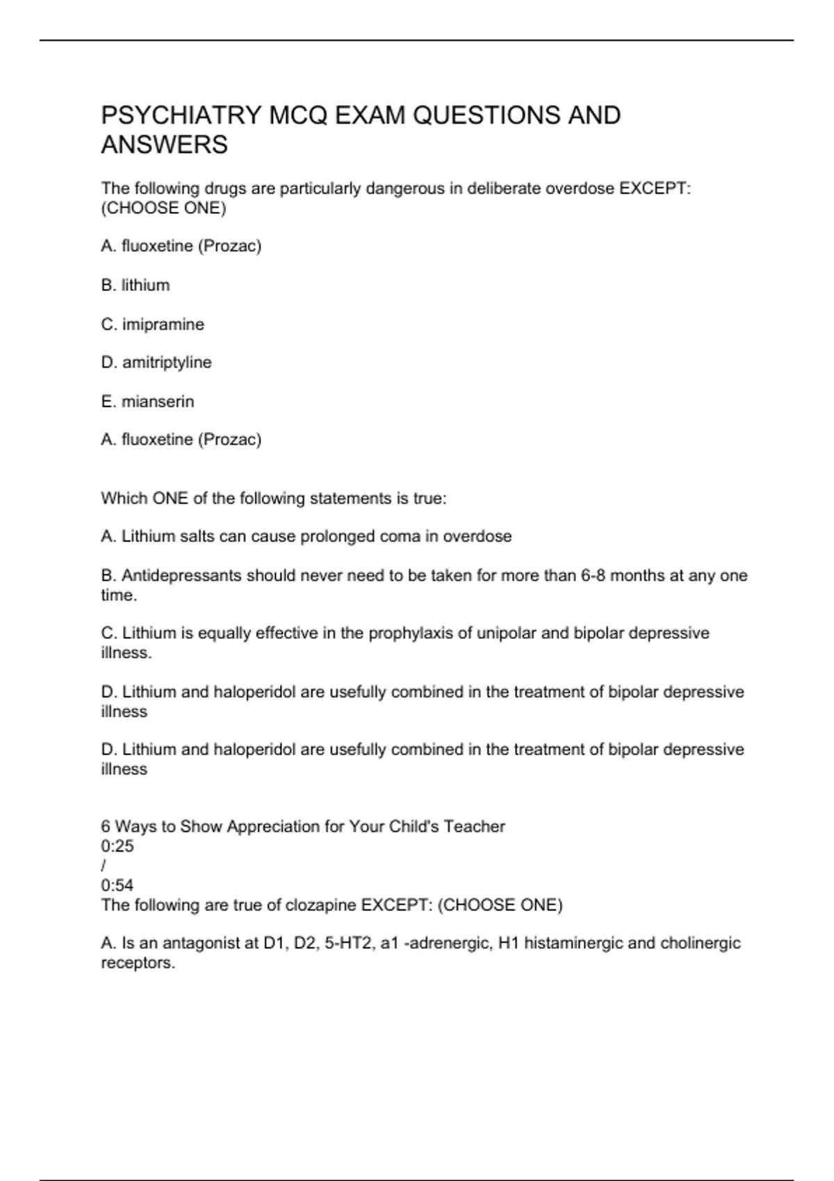 PSYCHIATRY MCQ EXAM QUESTIONS AND ANSWERS - PSYCHIATRY MCQ - Stuvia US