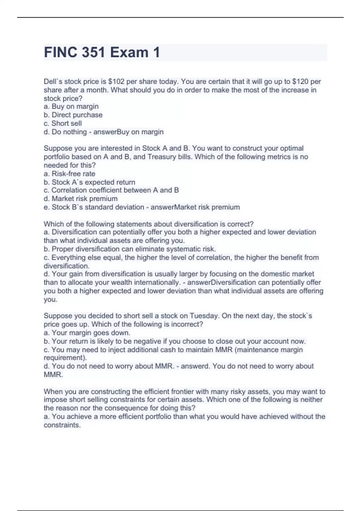 FINC 351 Exam 1.Fundamental practices with questions and accurate ...
