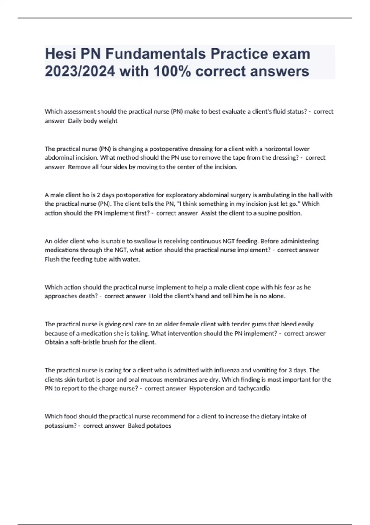 Hesi PN Fundamentals Practice exam 2023/2024 with 100% correct answers ...