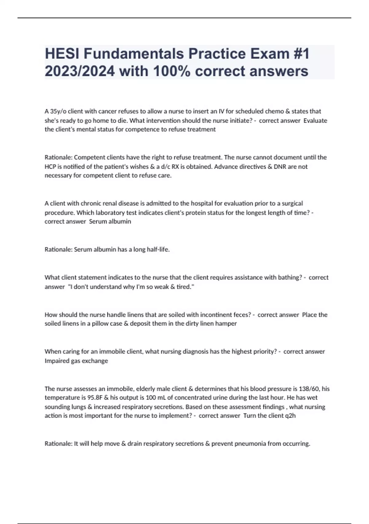 HESI Fundamentals Practice Exam #1 2023/2024 with 100% correct answers ...