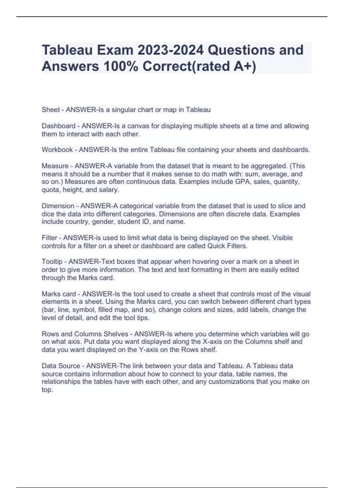 Tableau Exam Questions and Answers 100% Correct(rated A+) - Tableau ...