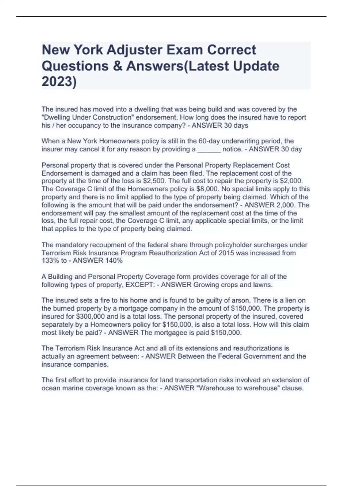 New York Adjuster Exam Correct Questions & Answers(Latest Update 2023 ...
