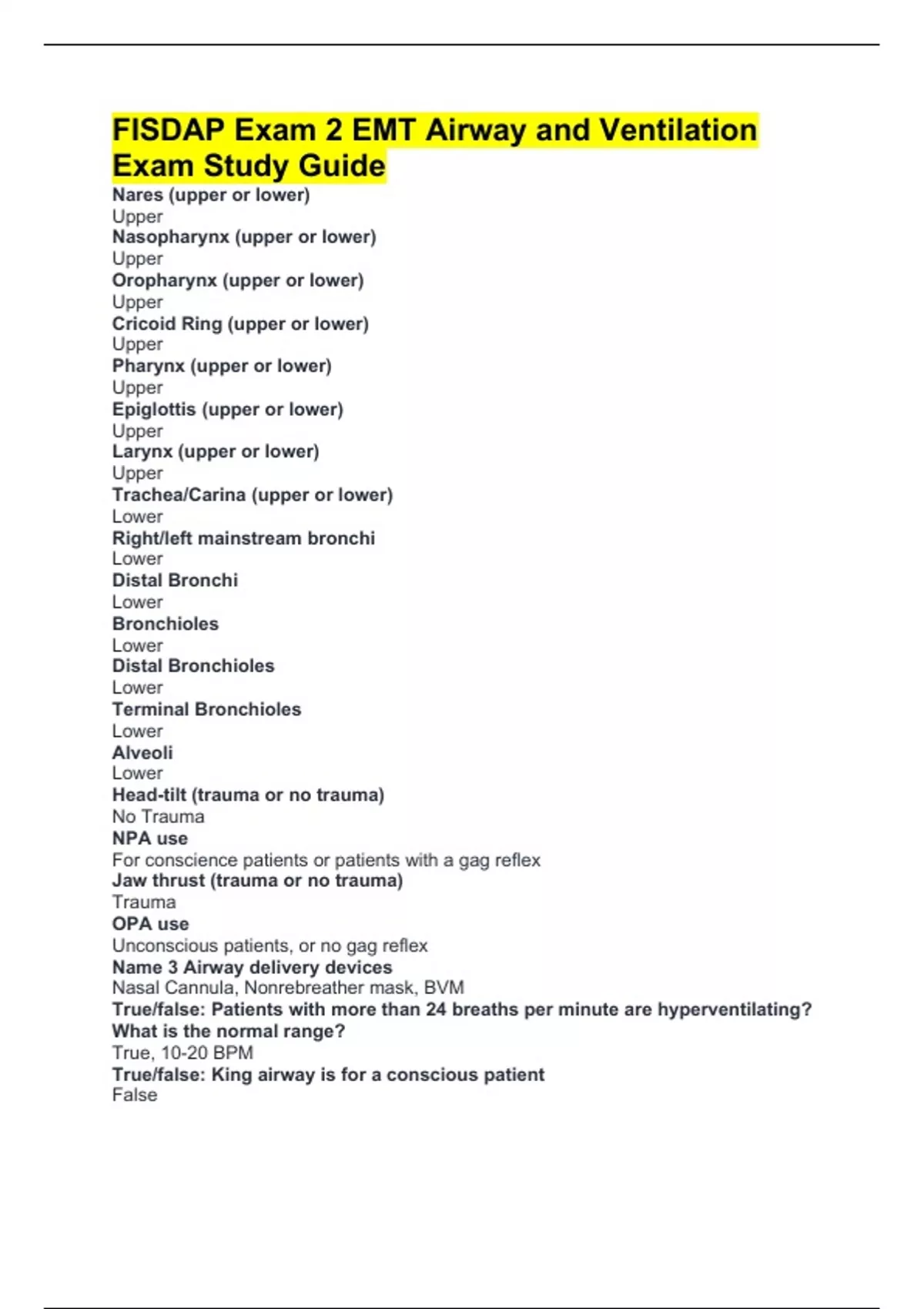 FISDAP Exam 2 EMT Airway and Ventilation Exam Study Guide - FISDAP EMT ...