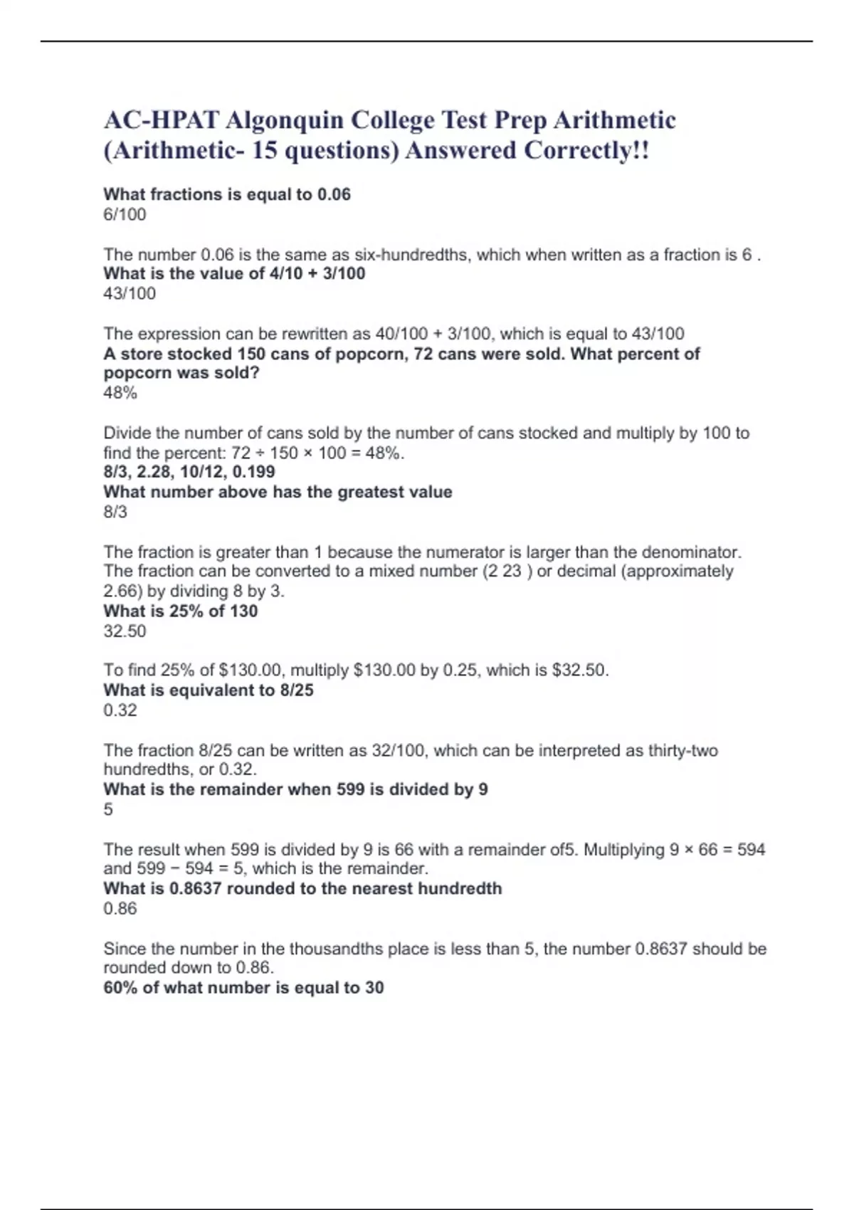 AC-HPAT Algonquin College Test Prep Arithmetic (Arithmetic- 15 ...