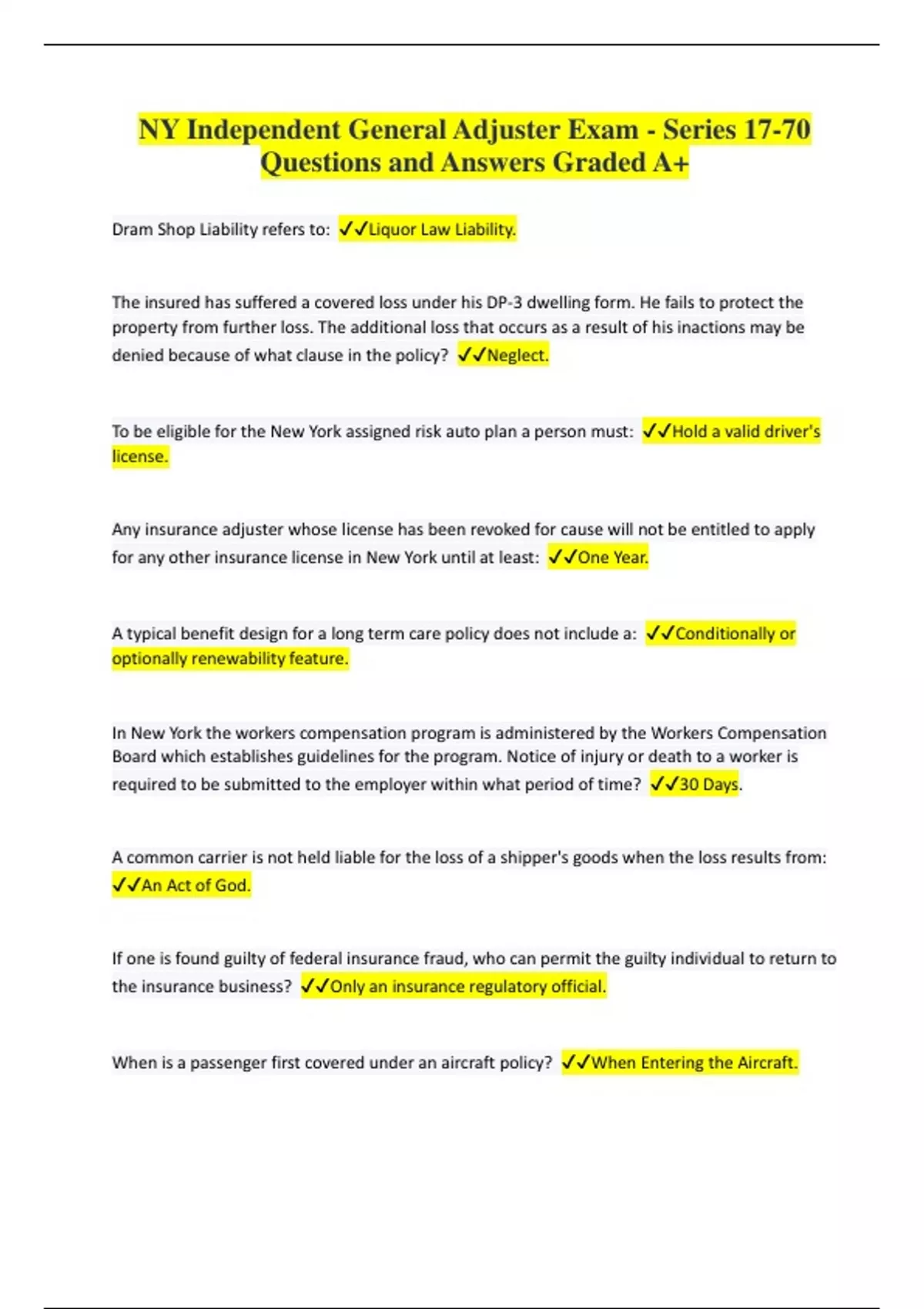 NY Independent General Adjuster Exam - Series 17-70 Questions and ...