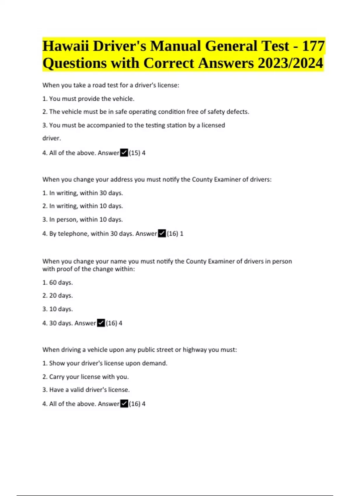 Hawaii Driver's Manual General Test - 177 Questions with Correct ...