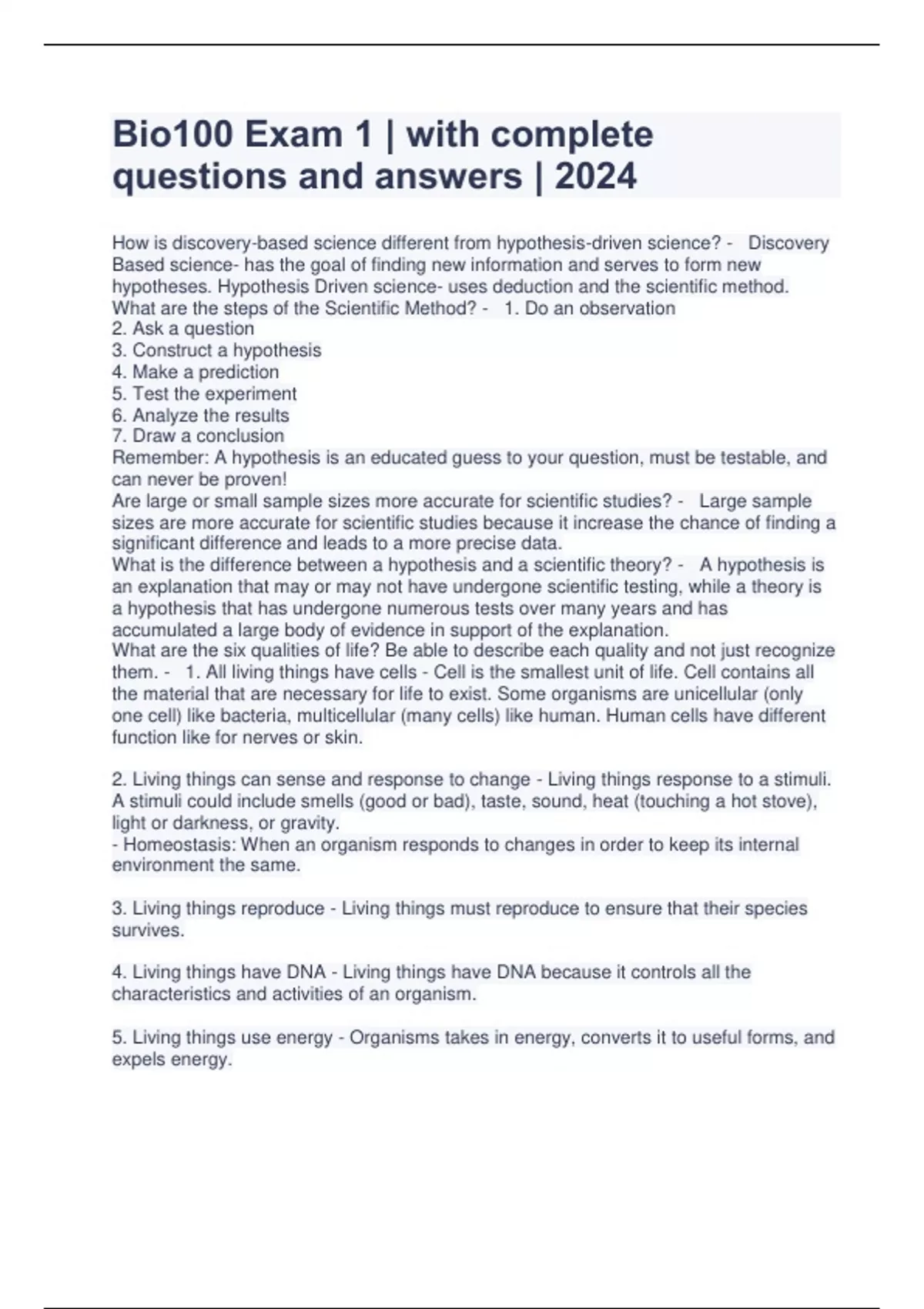 Bio100 Exam 1 | with complete questions and answers | 2024 - Bio 100 - Stuvia US