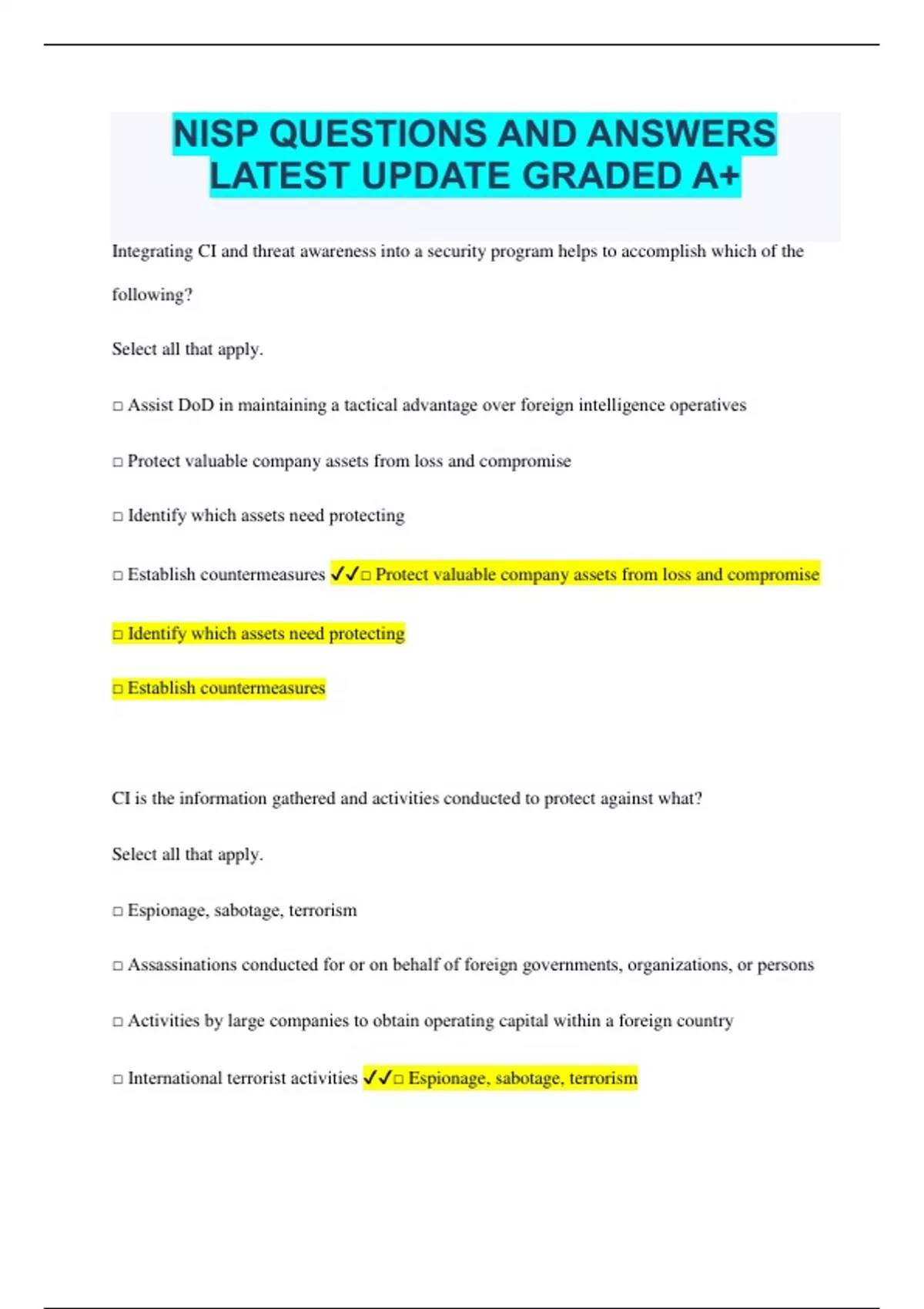 NISP Bundled Exams Questions and Answers (2023/2024) (Complete and Accurate) - Stuvia US