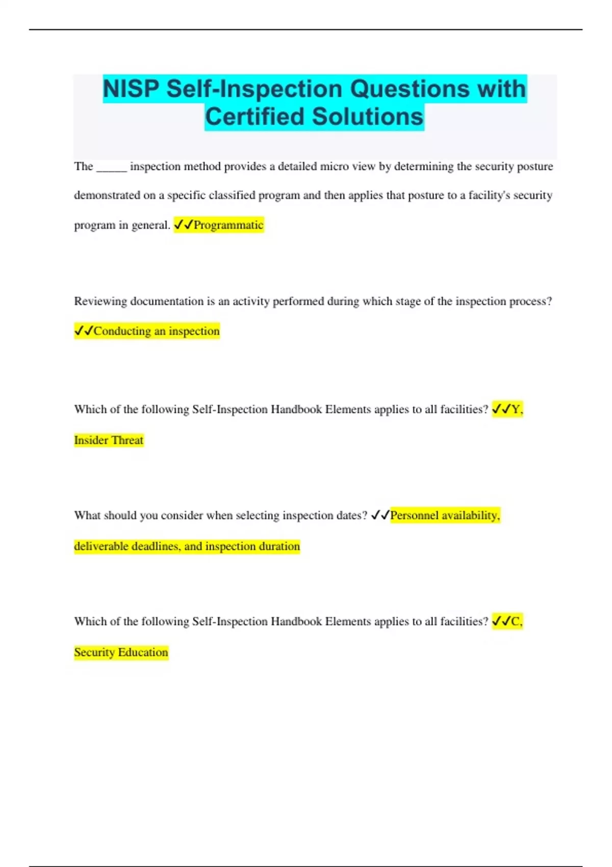 NISP Self-Inspection Questions with Certified Solutions - NISP Self ...