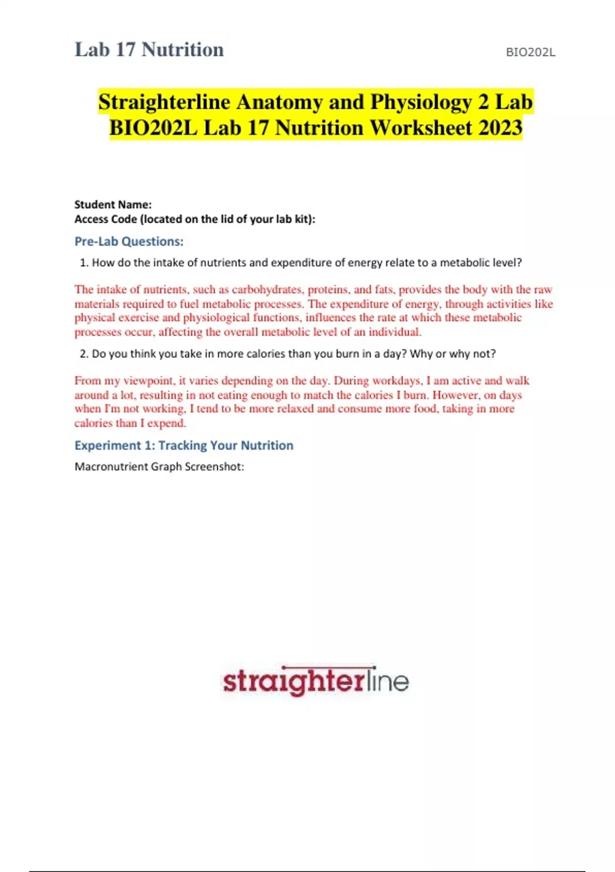 Straighterline Anatomy and Physiology 2 Lab BIO202L Lab 17 Nutrition Worksheet 2023/2024 ...