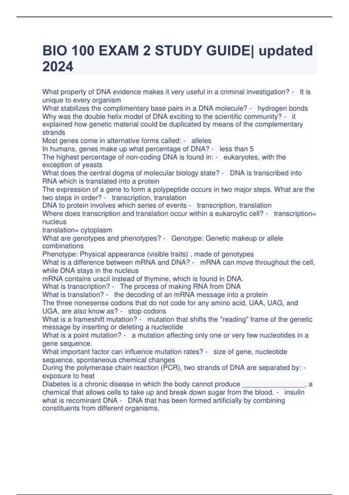 BIO 100 EXAM 2 STUDY GUIDE| updated 2024 - BIO 100 - Stuvia US
