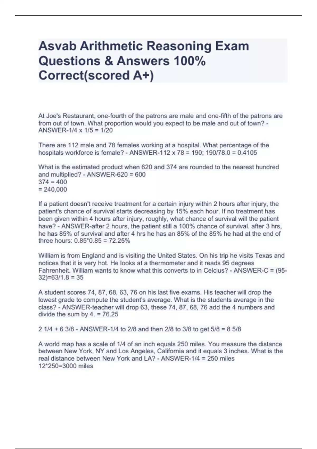 Asvab Arithmetic Reasoning Exam Questions & Answers 100% Correct(scored ...