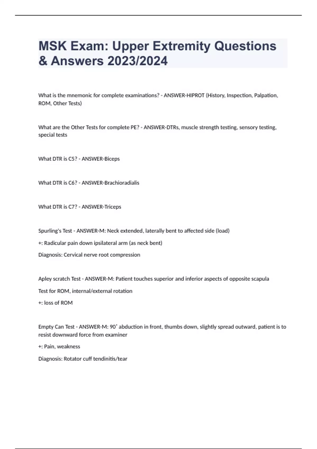 MSK Exam: Upper Extremity Questions & Answers 2023/2024 - MSK - Stuvia US