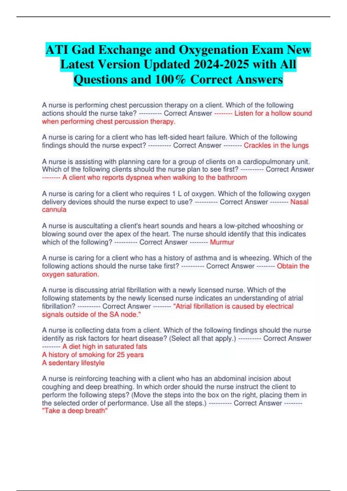 ATI Gas Exchange and Oxygenation Exam New Latest Version Updated with ...