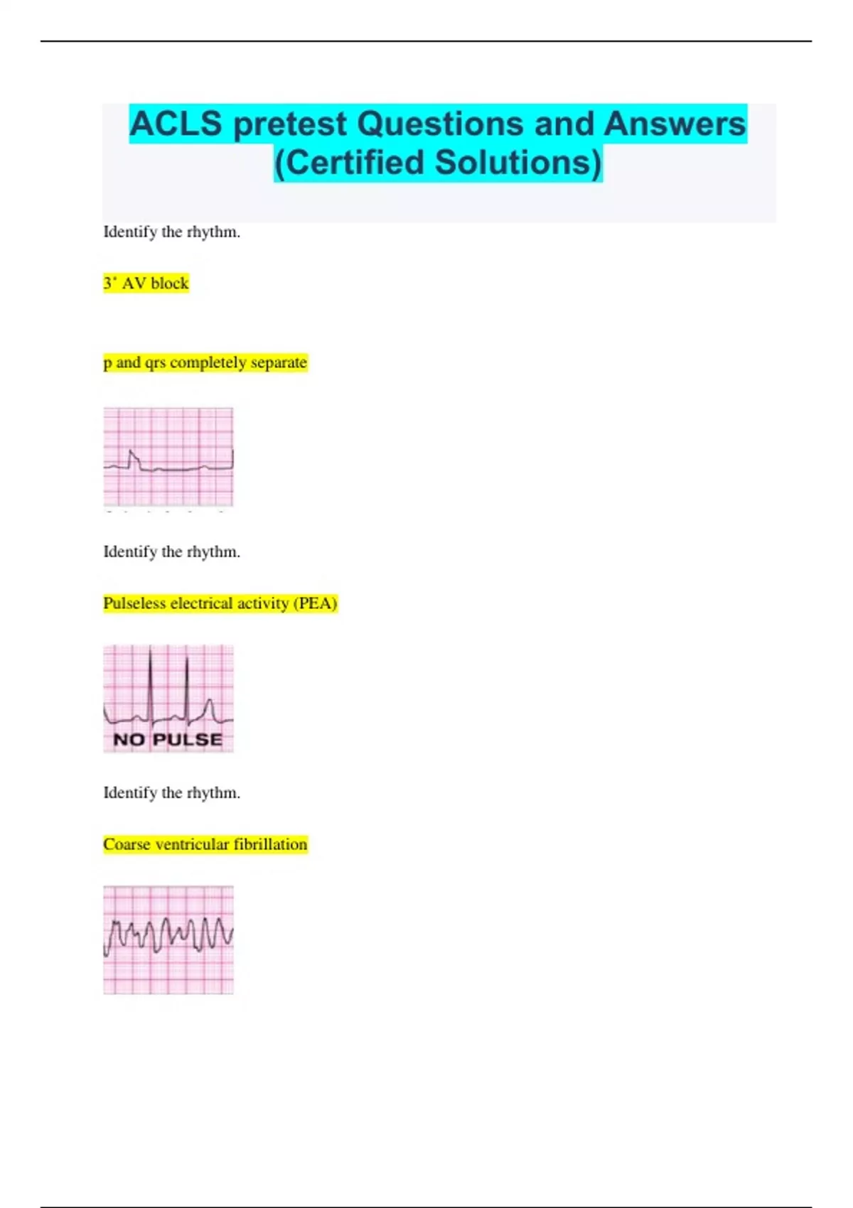 ACLS Pretest Questions And Answers Certified Solutions ACLS Pretest