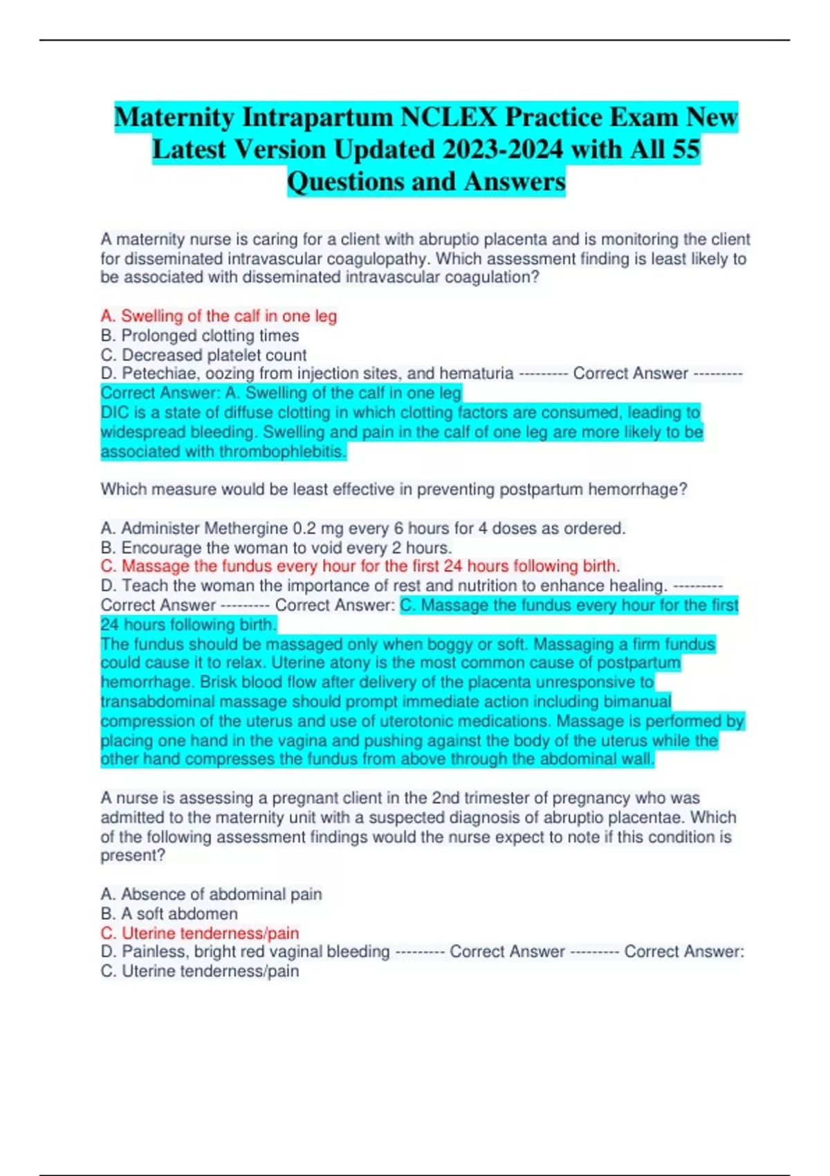 Maternity Intrapartum NCLEX Practice Exam New Latest Version Updated ...