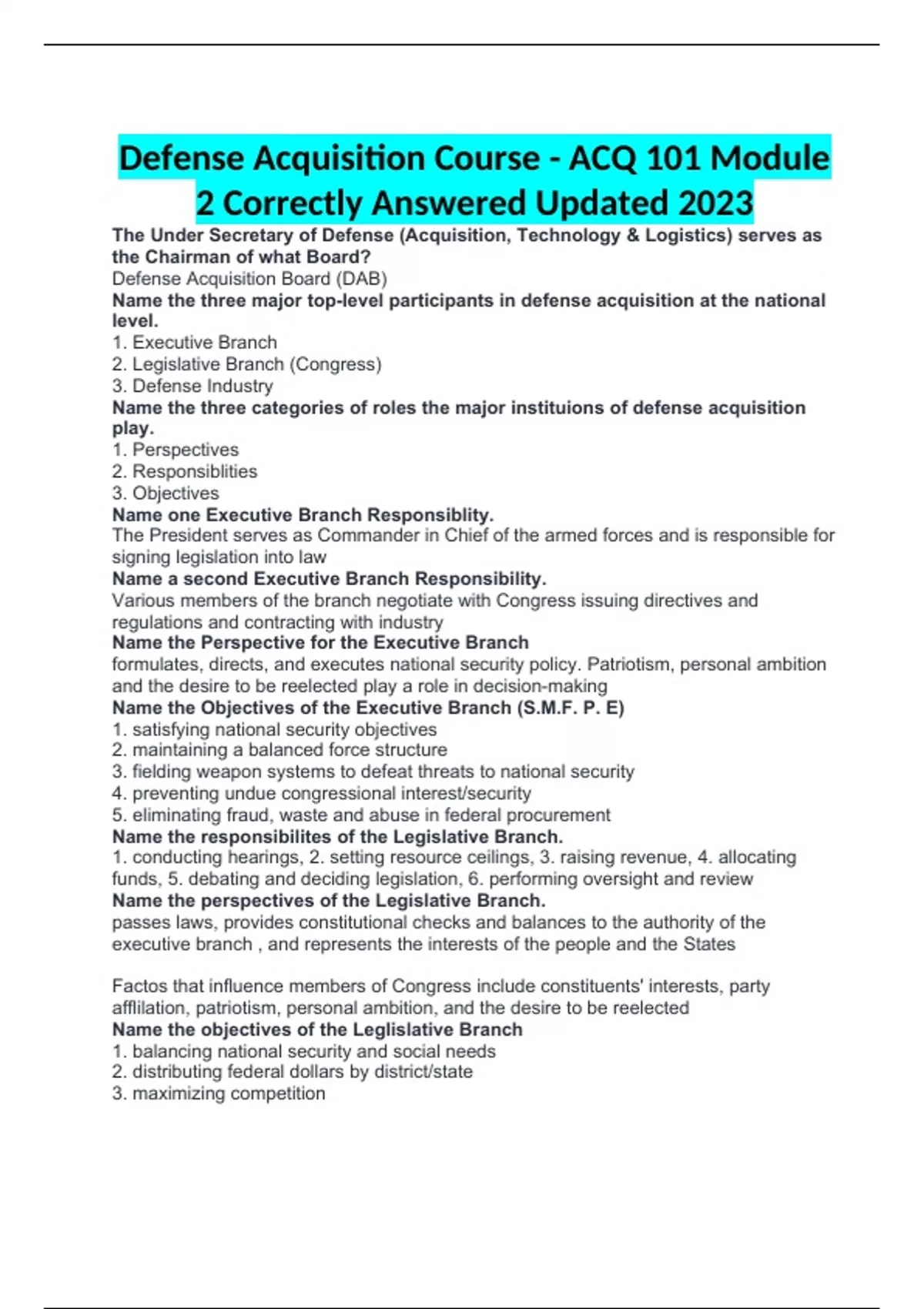 Defense Acquisition Course - ACQ 101 Module 2 Correctly Answered Updated 2023 - ACQ 101 - Stuvia US