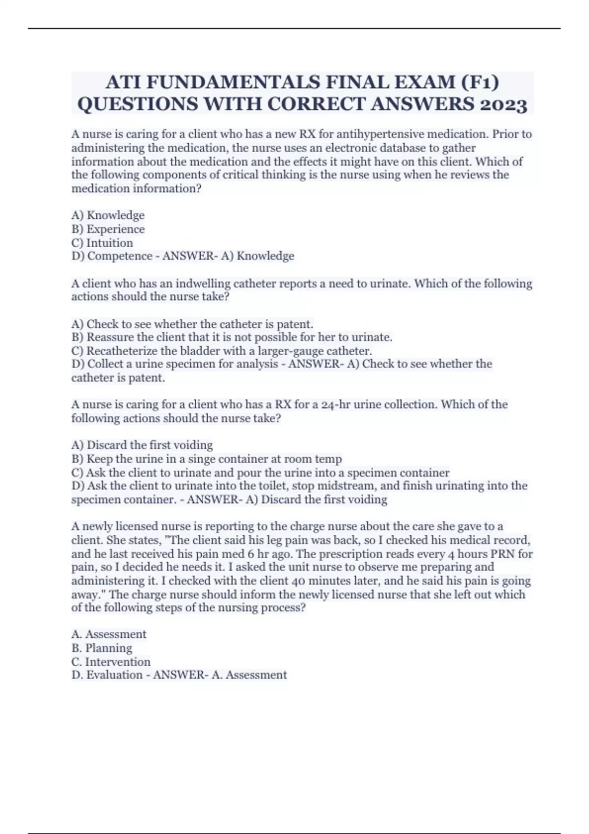 ATI FUNDAMENTALS FINAL EXAM (F1) QUESTIONS WITH CORRECT ANSWERS 2023 ...