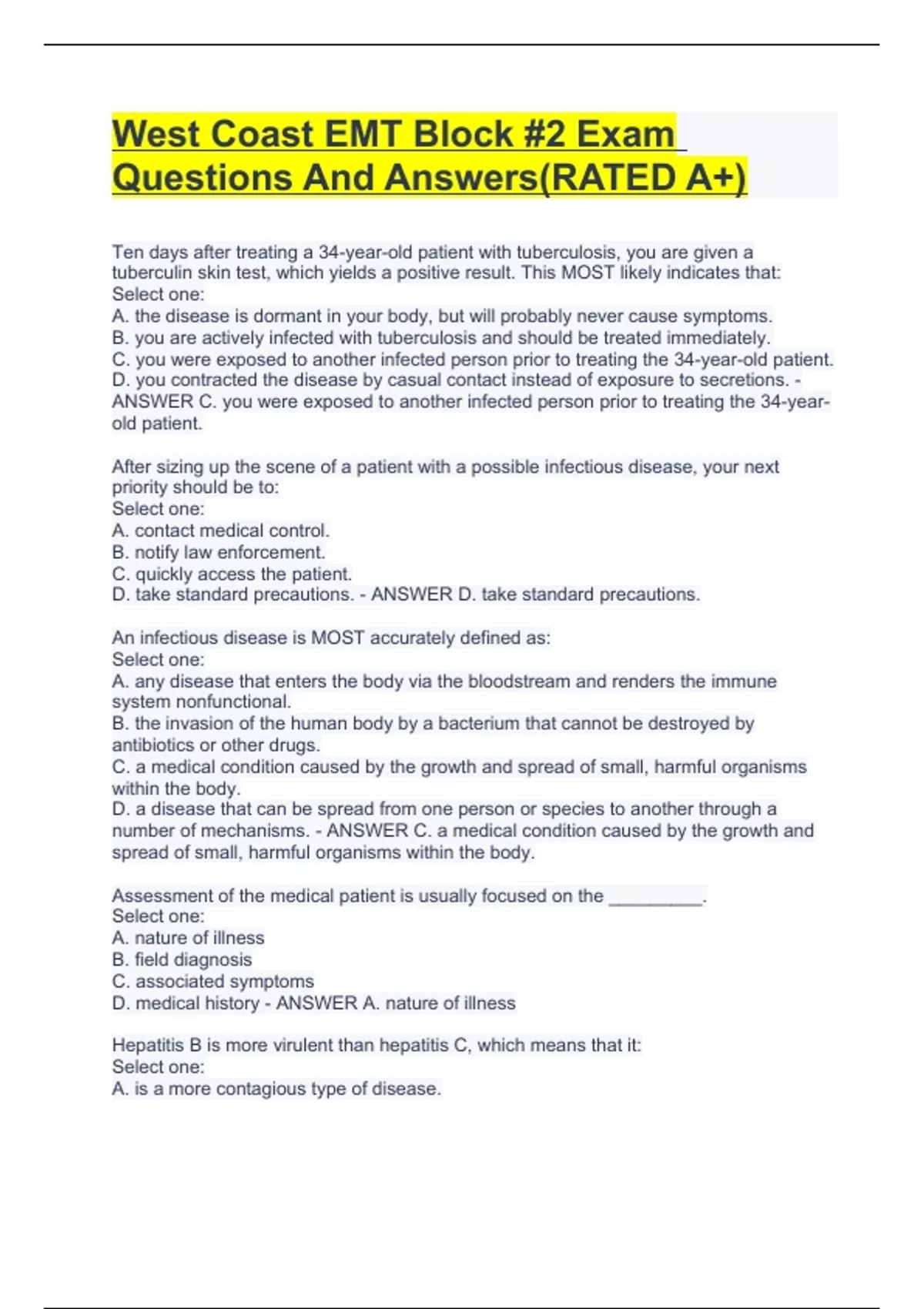 West Coast EMT Block #2 Exam Questions And Answers(RATED A+) - West Coast EMT N - Stuvia US