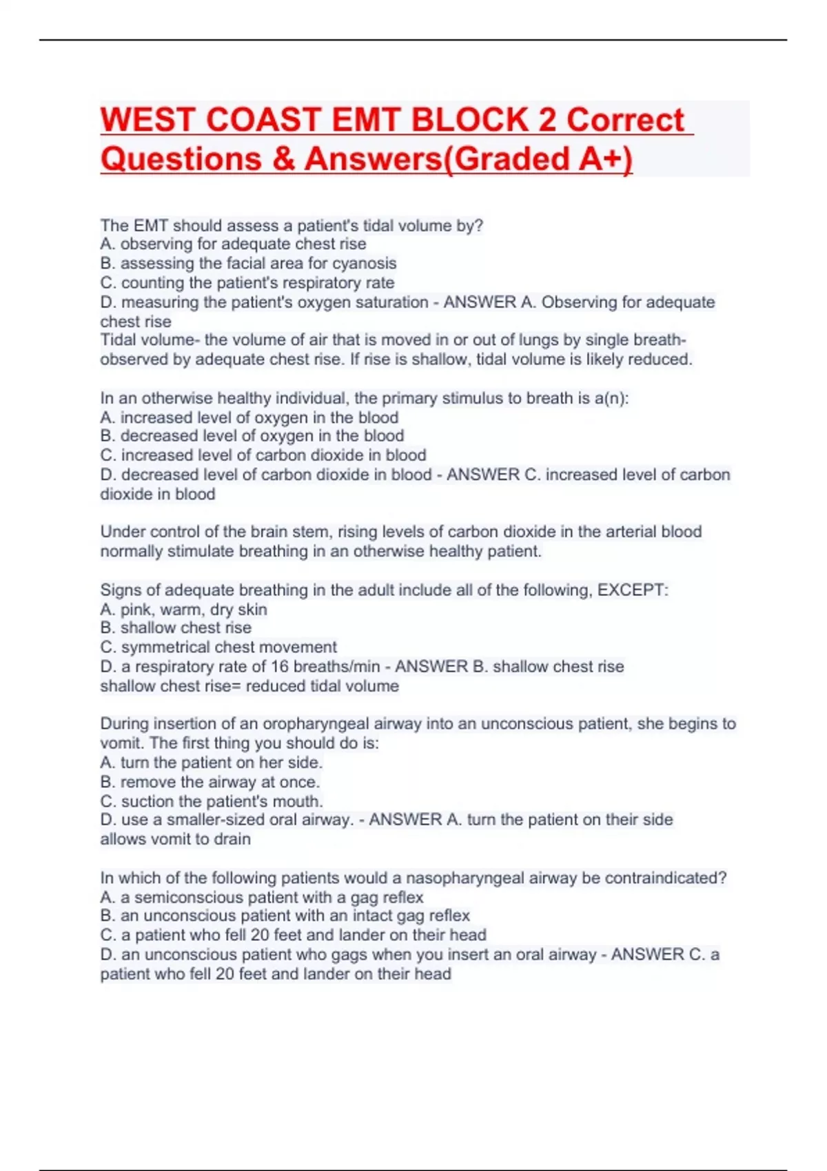 WEST COAST EMT BLOCK 2 Correct Questions & Answers(Graded A+) - West coast Emt - Stuvia US