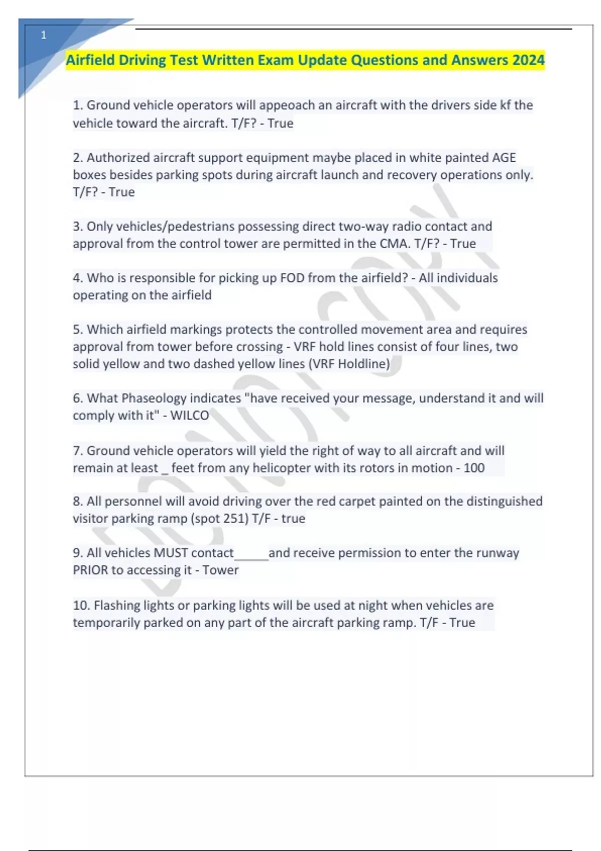 Airfield Driving Test Written Exam Update Questions and Answers 2024 ...