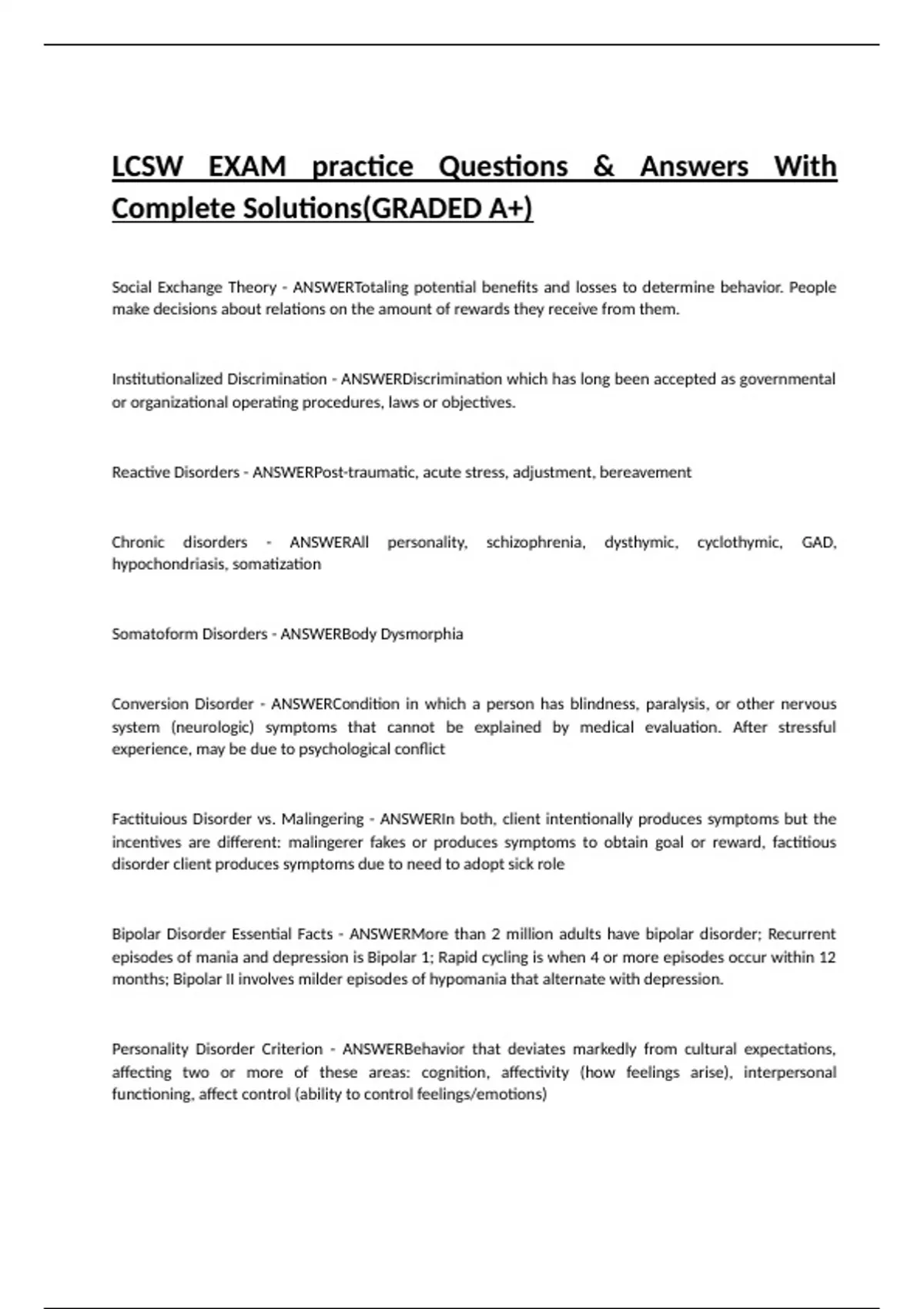 LCSW EXAM Practice Questions Answers With Complete Solutions GRADED