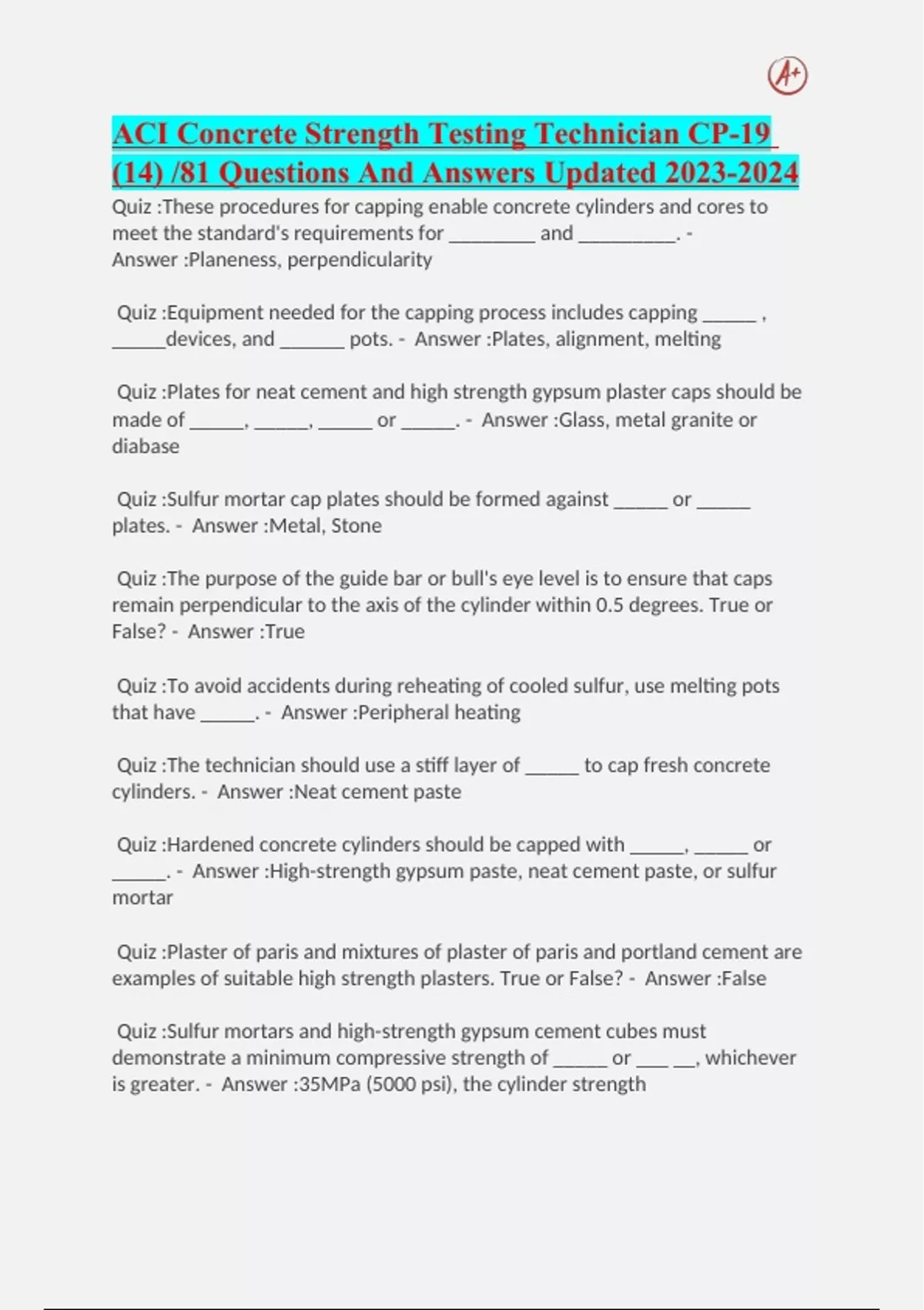 ACI Concrete Strength Testing Technician CP-19 (14) /81 Questions And ...