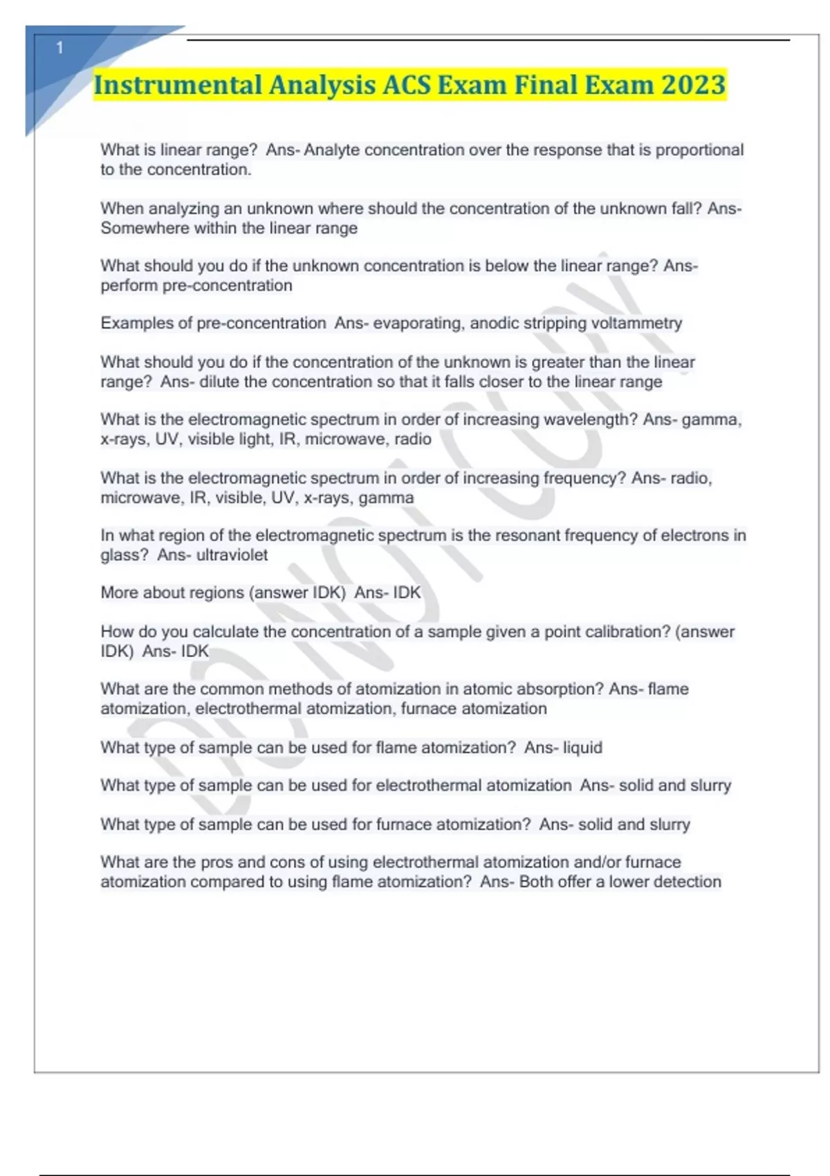 Instrumental Analysis ACS Exam Final Exam 2023 - ACS - Stuvia US