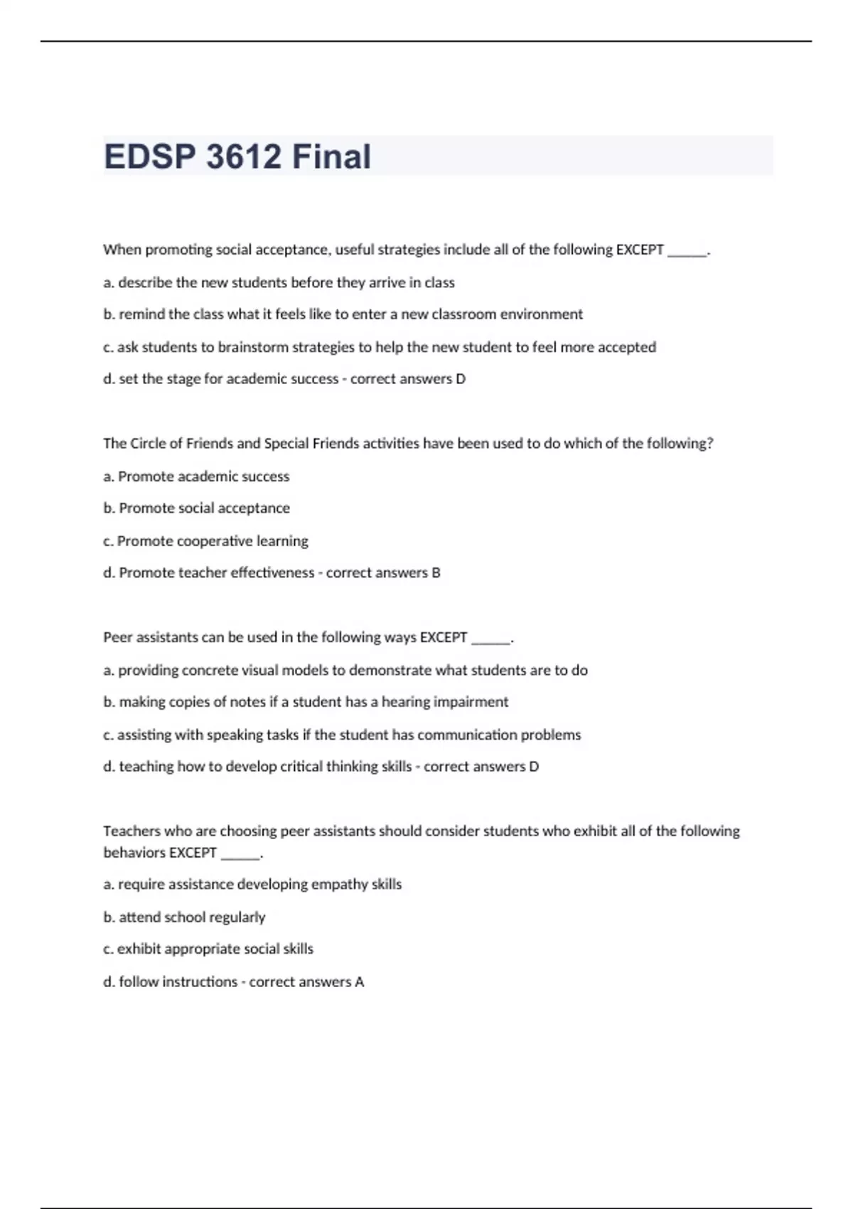 EDSP 3612 Final questions with complete solutions 2024 - EDSP - Stuvia US