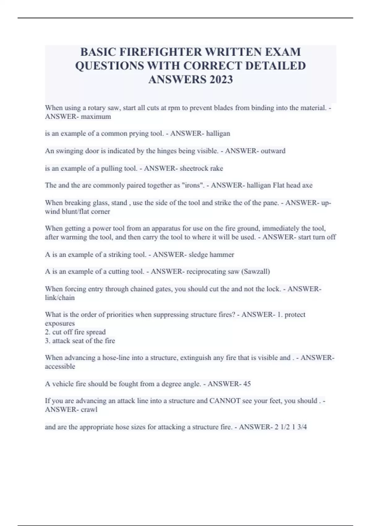 BASIC FIREFIGHTER WRITTEN EXAM QUESTIONS WITH CORRECT DETAILED ANSWERS ...